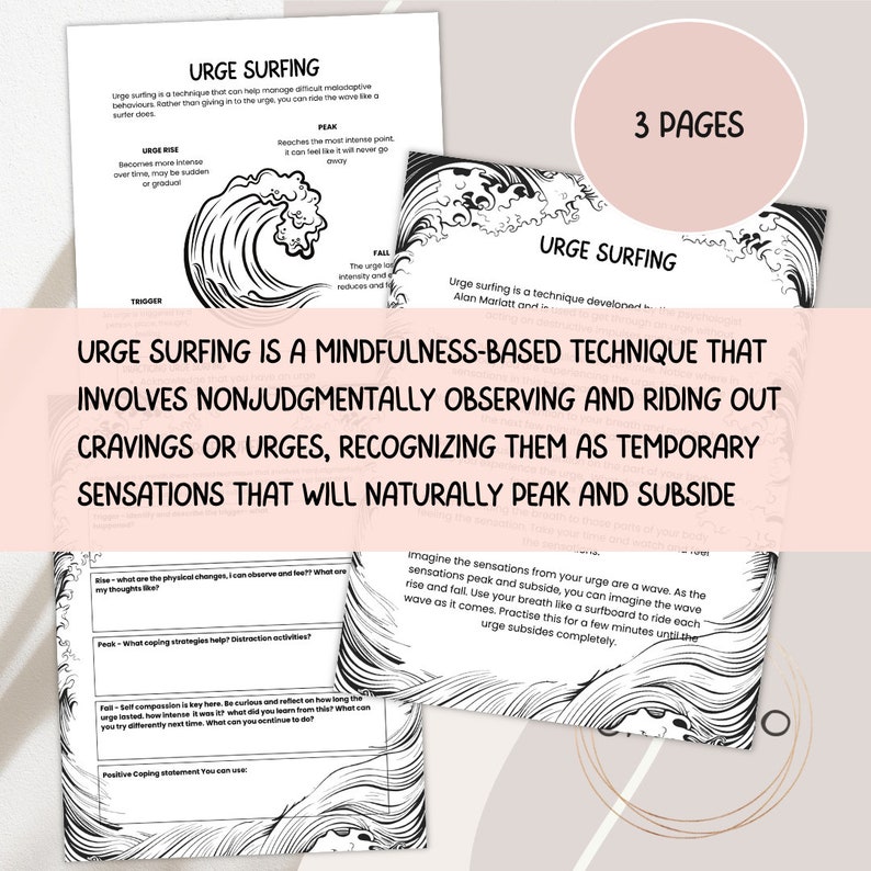 Urge Surfing Mindfulness Therapy Handouts, Psychoeducation Tool, Coping ...