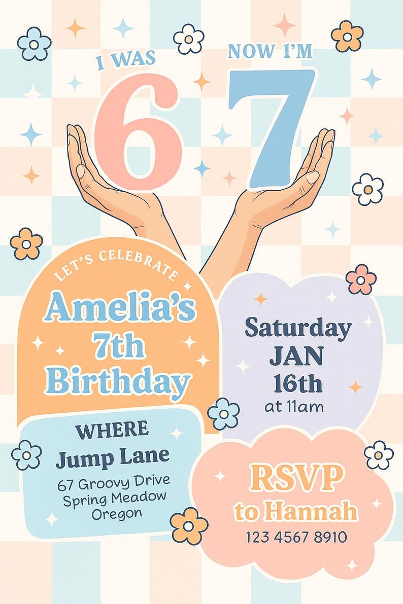 6th or 7th Birthday Invitation Girl Editable in Canva | Preppy Smiley ...