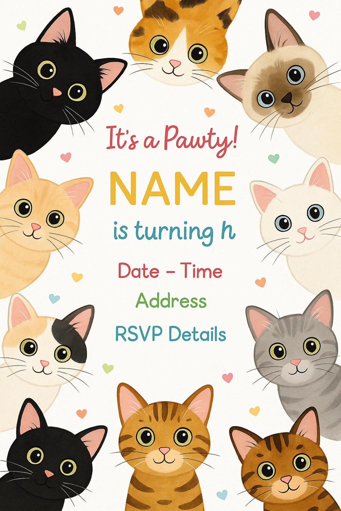 Editable Cat Birthday Invitation | Kitty Party Invite Canva Template ...