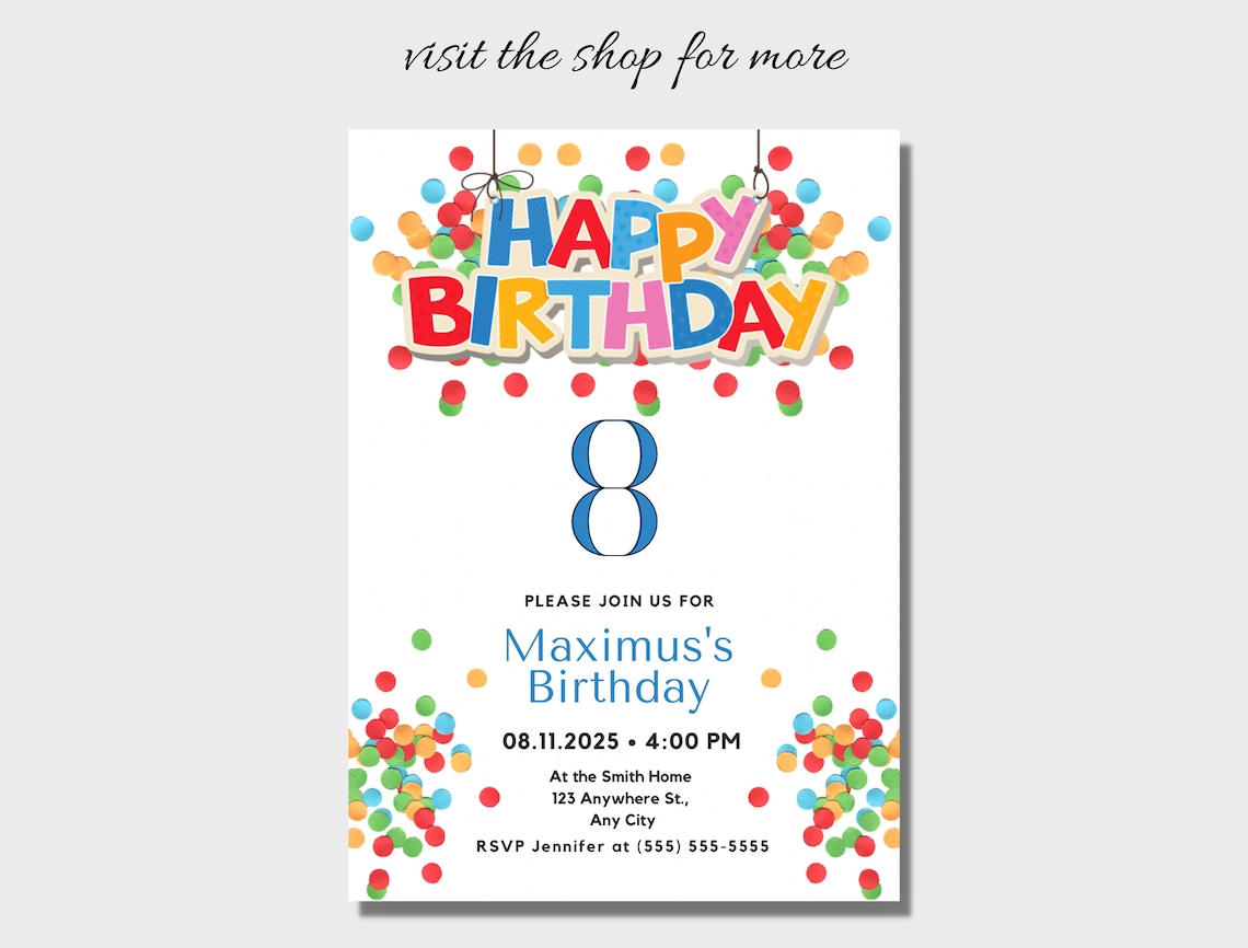 Editable Confetti Invitation for 8th Birthday, 8 Year Old Birthday ...