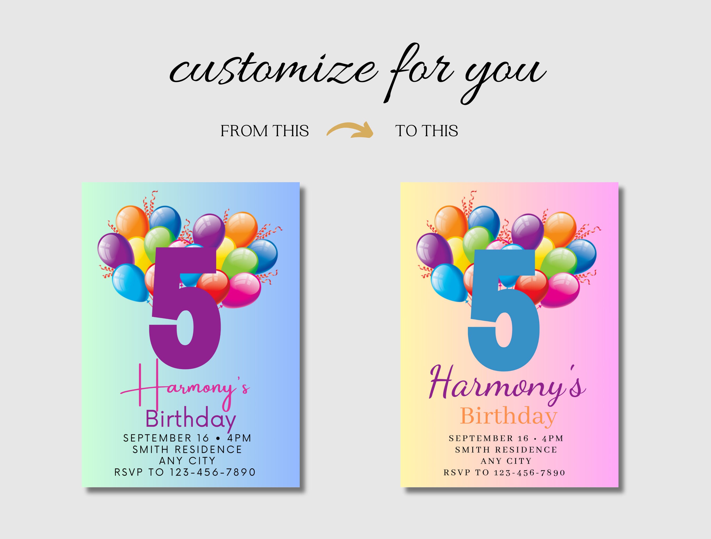 Editable Balloon Party Invitation for 5th Birthday 5 Year Old - Etsy