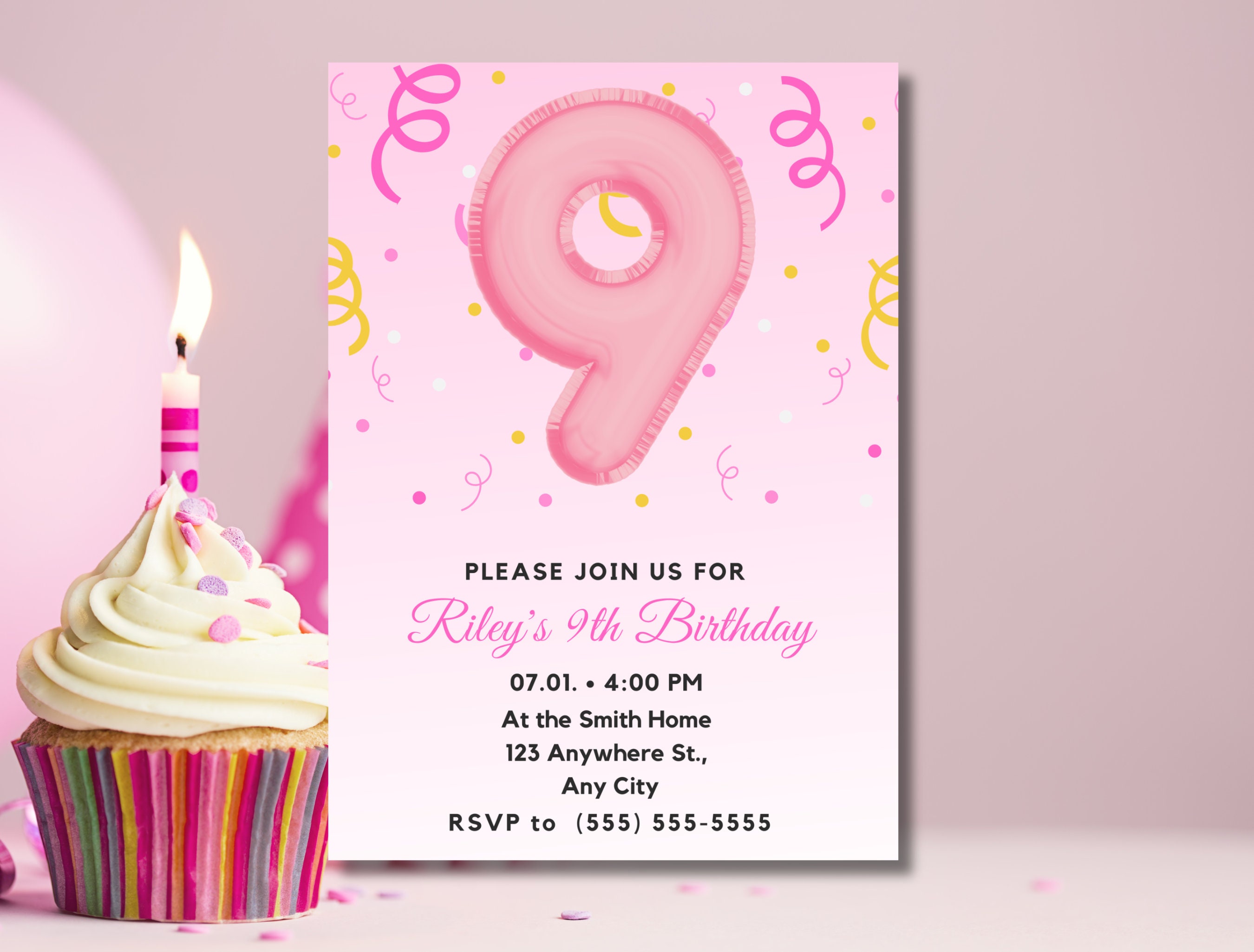 Editable Pink Streamers Party Invitation for 9th Birthday, 9 Year Old ...