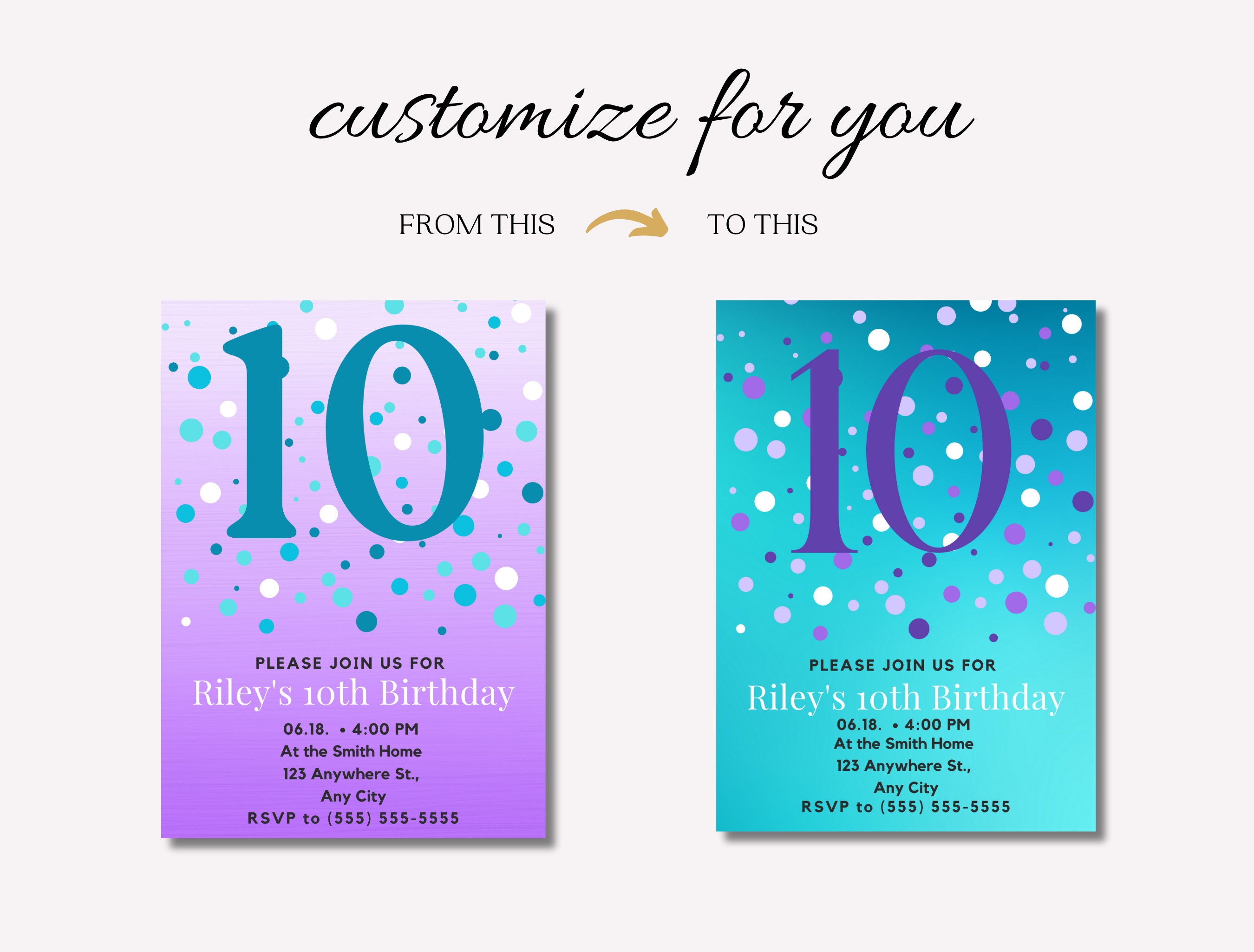 Editable Purple Confetti Invitation for 10th Birthday, 10 Year Old ...