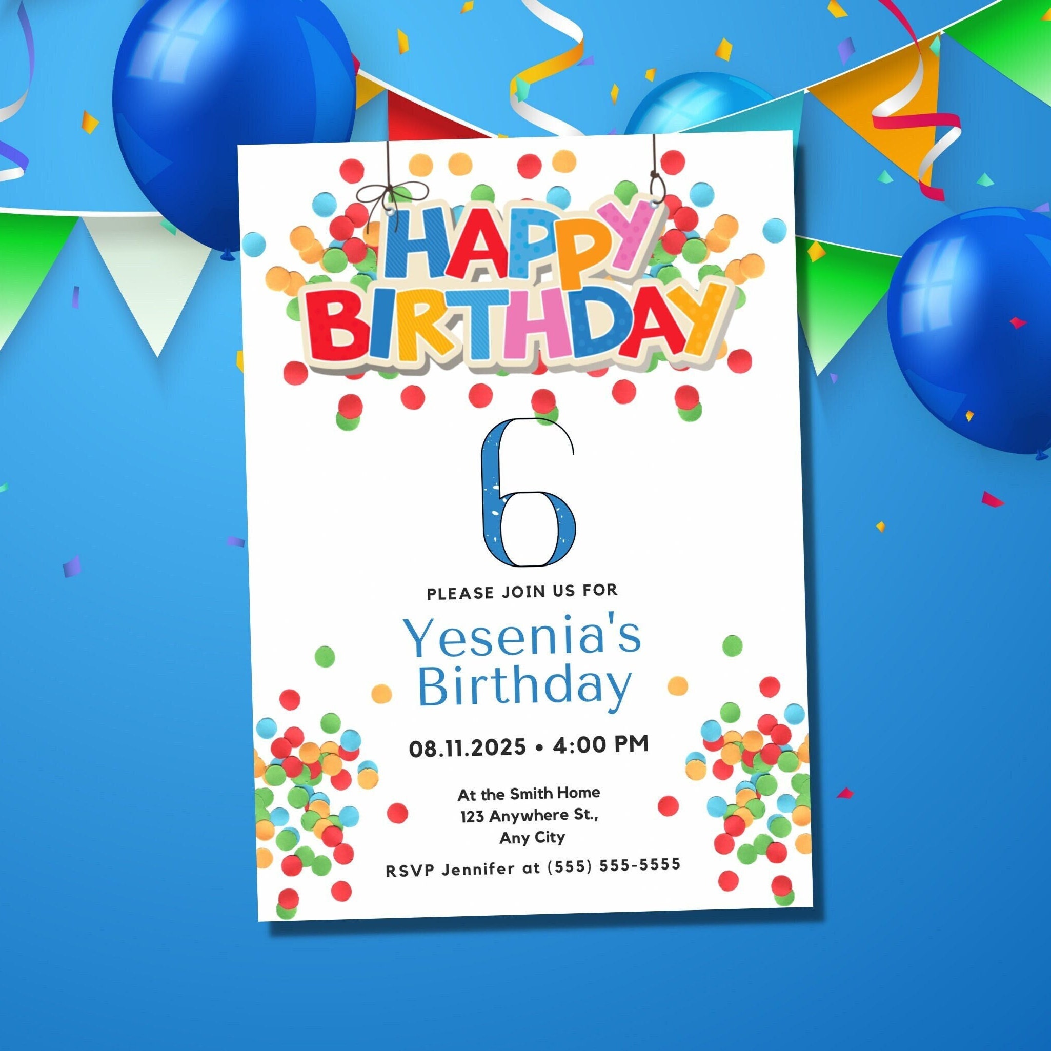 Editable Confetti Invitation for 6th Birthday 6 Year Old - Etsy