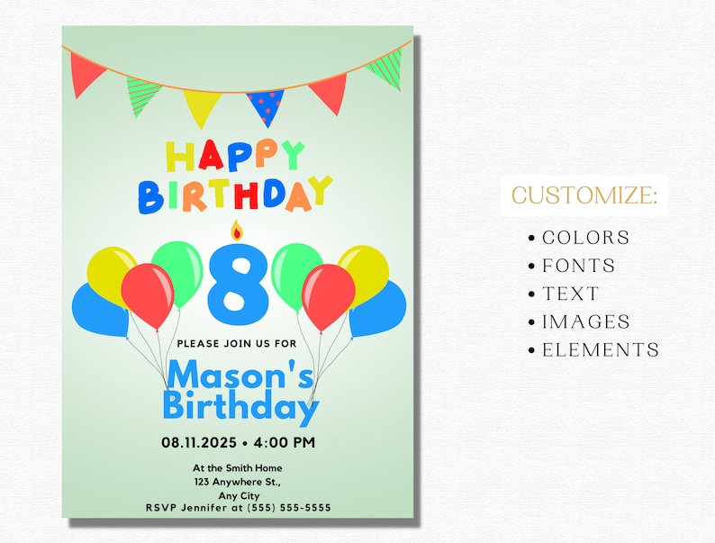 Editable Balloon Party Invitation for 8th Birthday 8 Year Old - Etsy