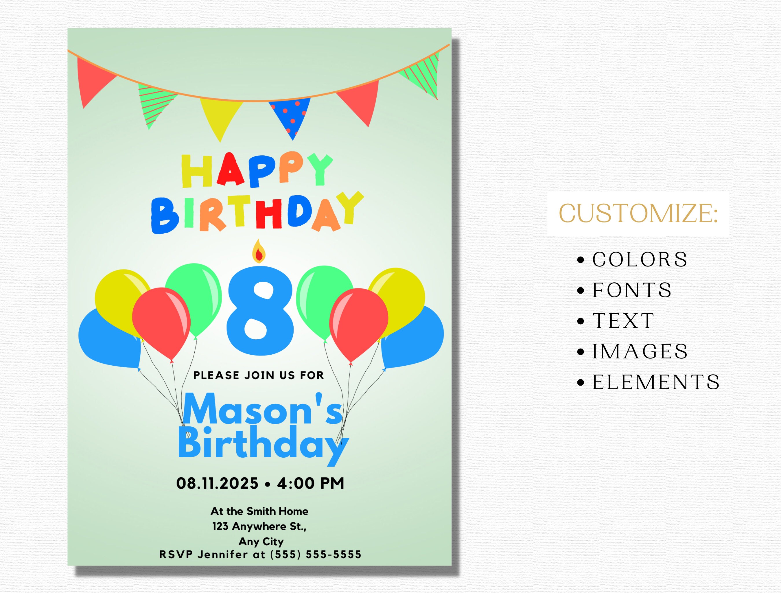 Editable Balloon Party Invitation for 8th Birthday 8 Year Old - Etsy