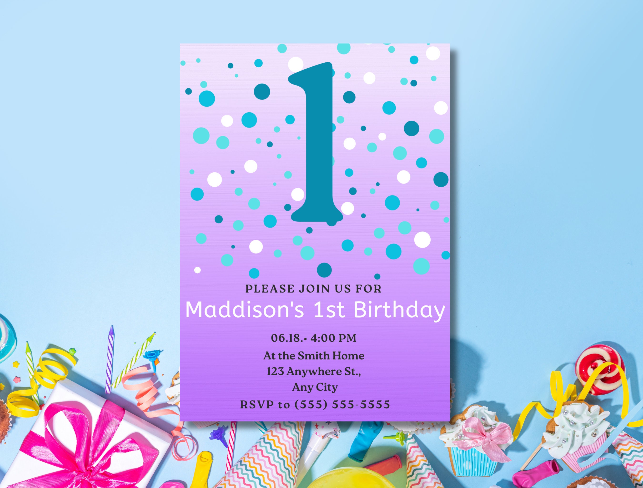 Editable Purple Confetti Party Invitation for 1st Birthday 1 - Etsy