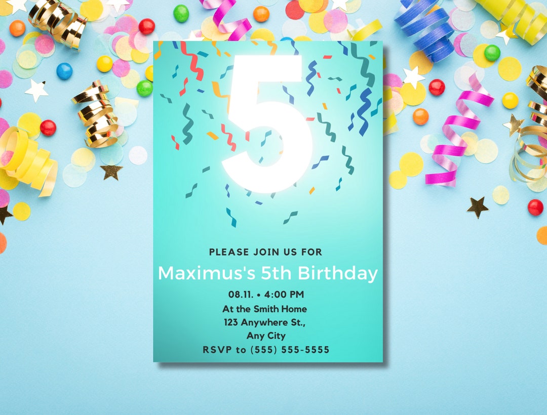 Editable Teal Confetti Party Invitation for 5th Birthday, 5 Year Old ...