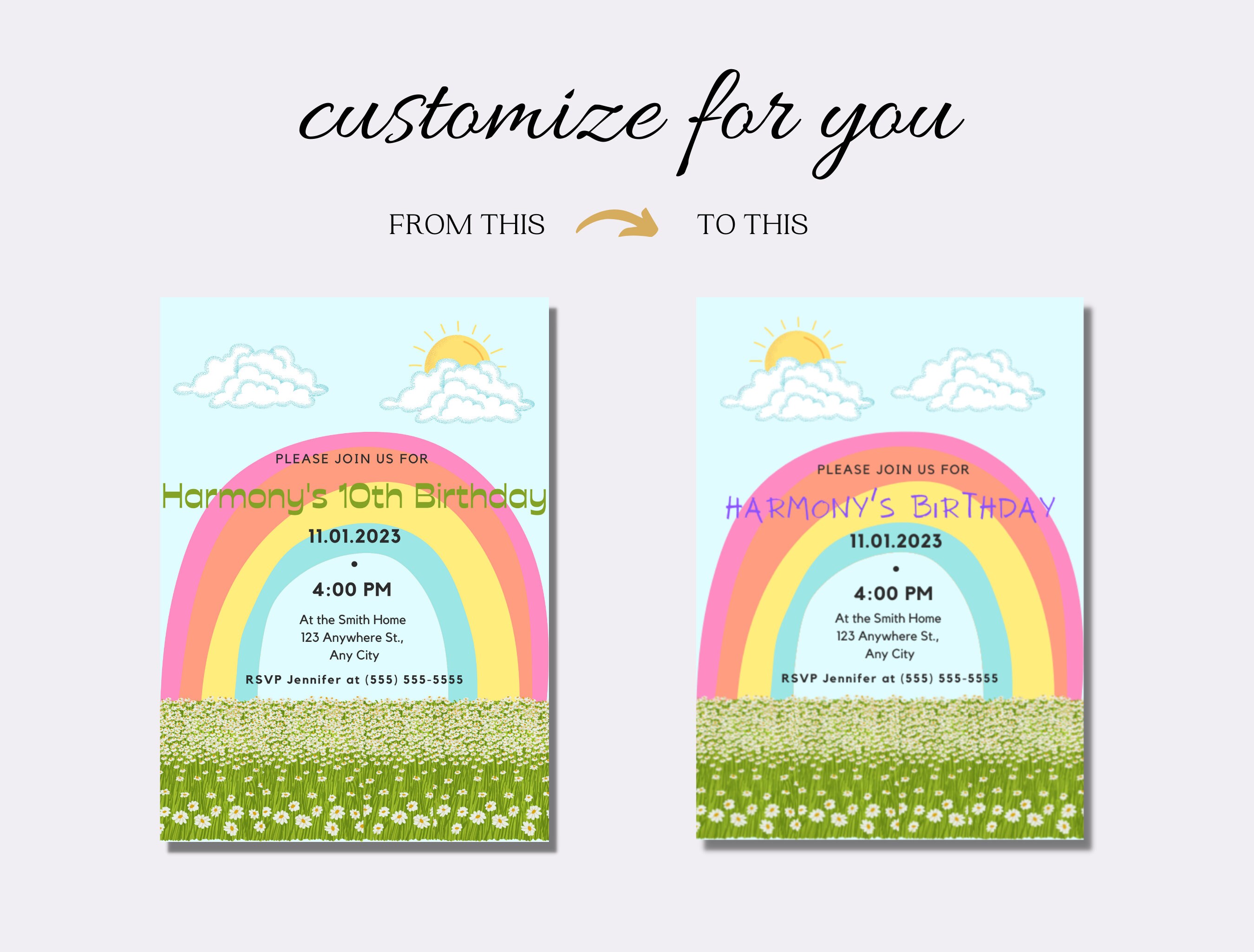 Editable Rainbow and Daisies Birthday Party Invitation Flower - Etsy