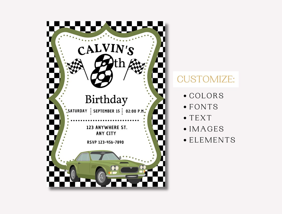 Editable Race Car Party Invitation for 8th Birthday, 8 Year Old ...