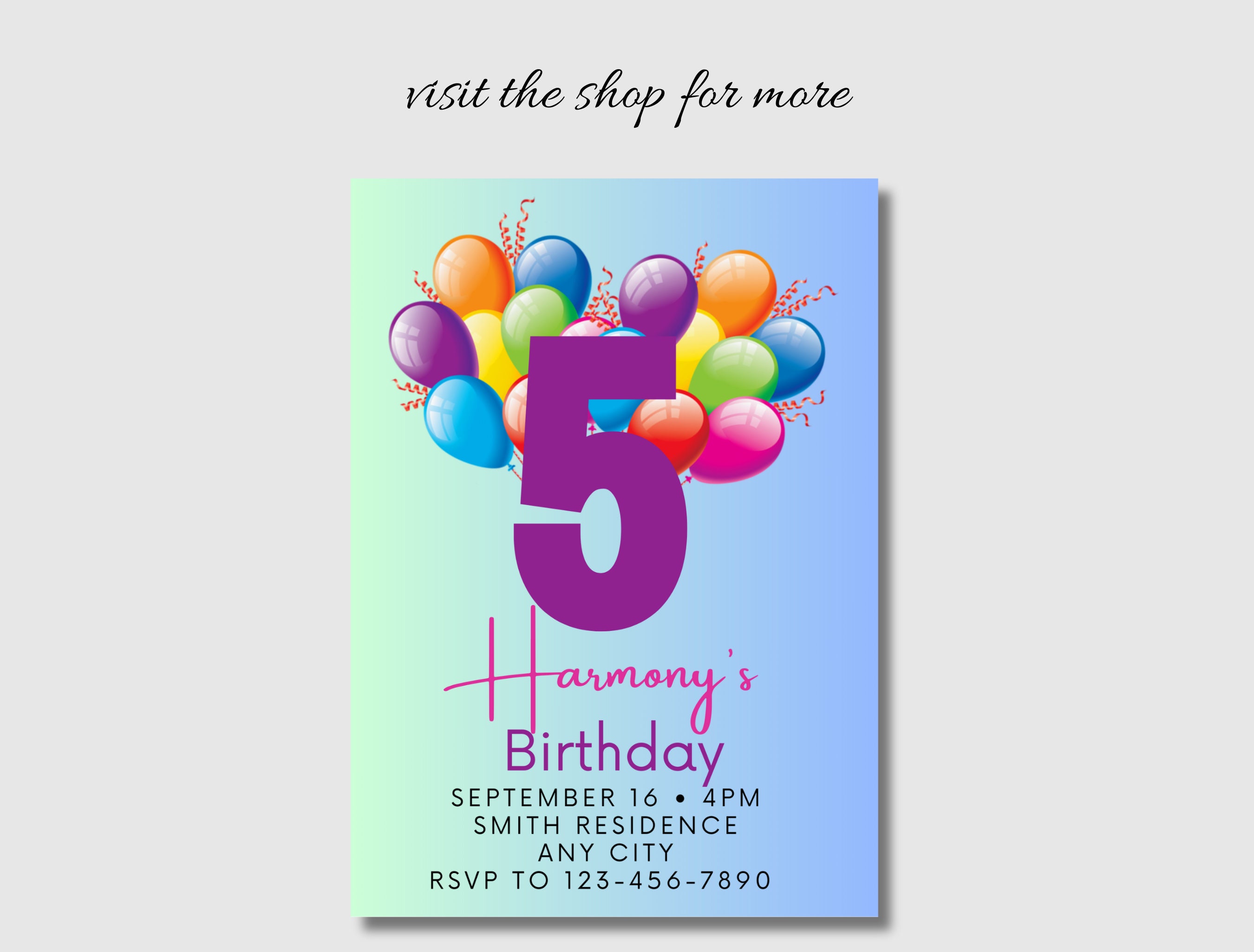 Editable Balloon Party Invitation for 5th Birthday - Etsy