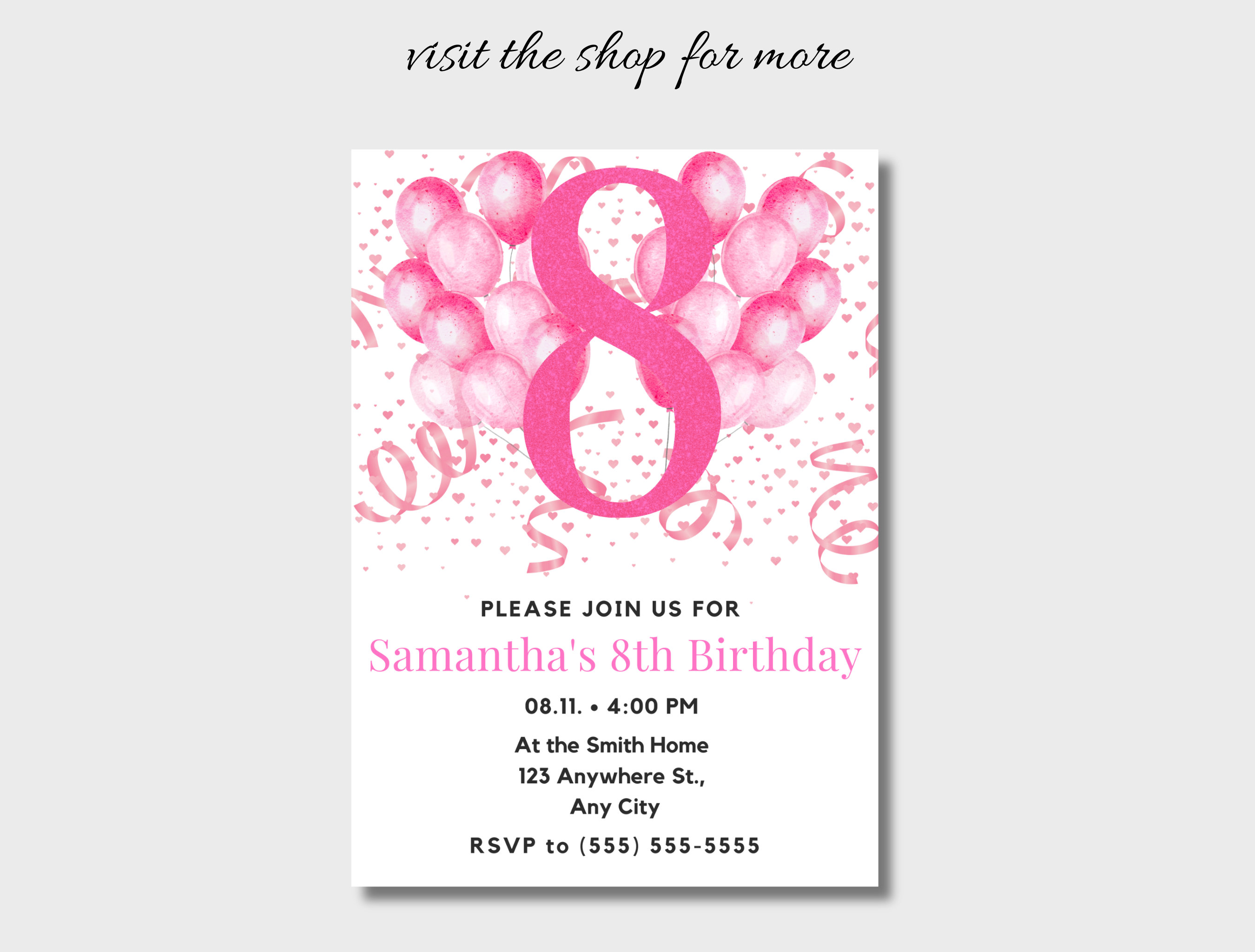 Editable Pink Balloon Party Invitation for 8th Birthday, 8 Year Old ...