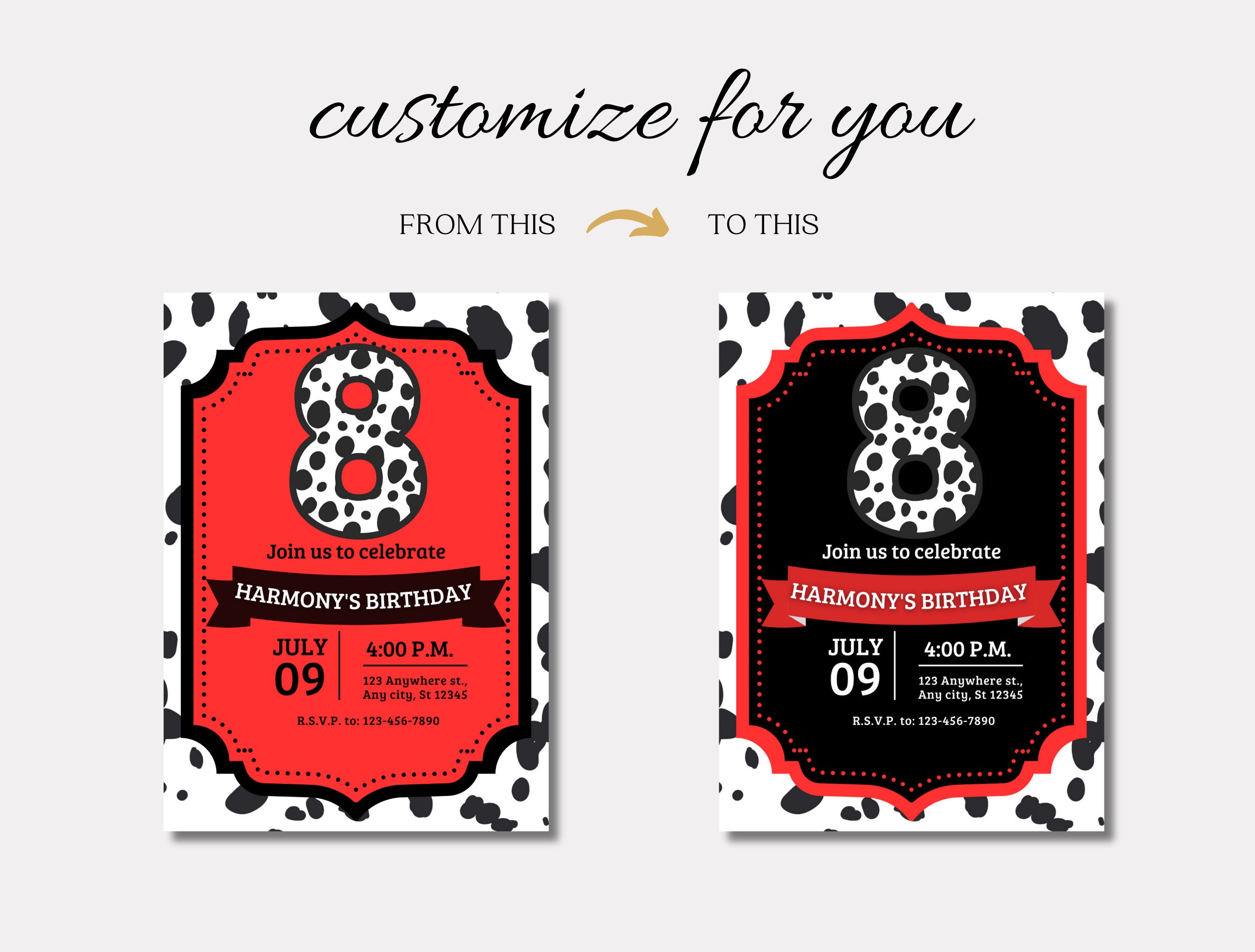 Editable Dalmatian Party Invitation for 8th Birthday, 8 Year Old ...