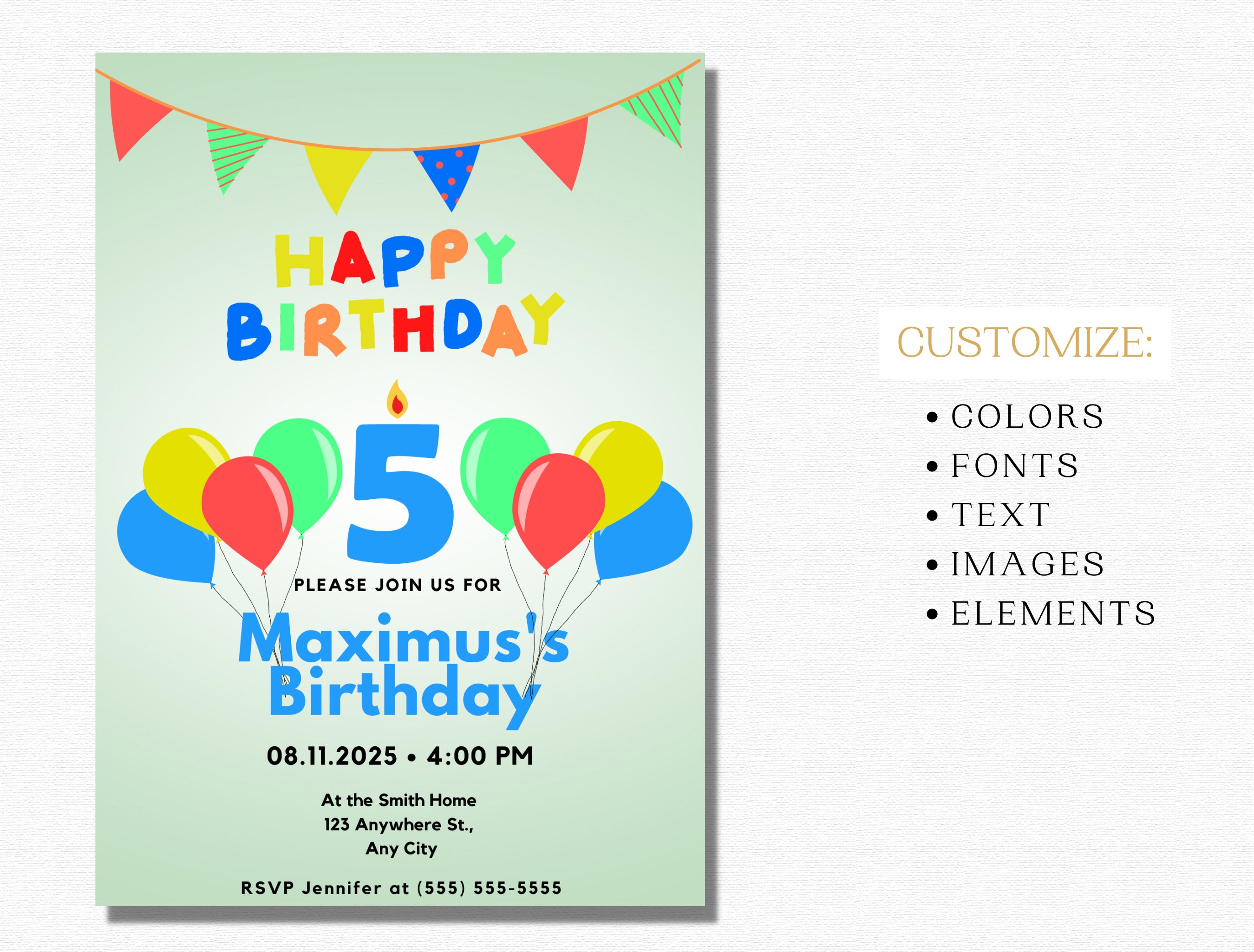 Editable Balloon Party Invitation for 5th Birthday, 5 Year Old Birthday ...