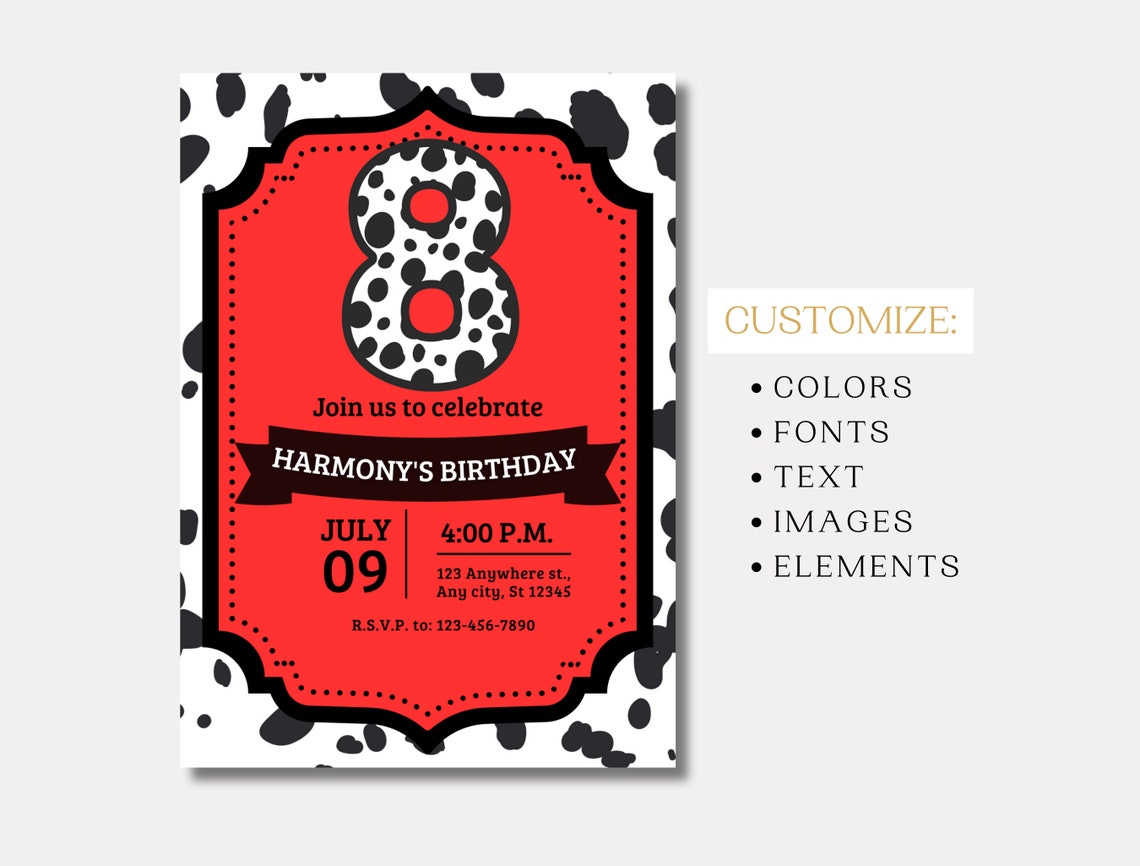 Editable Dalmatian Party Invitation for 8th Birthday, 8 Year Old ...