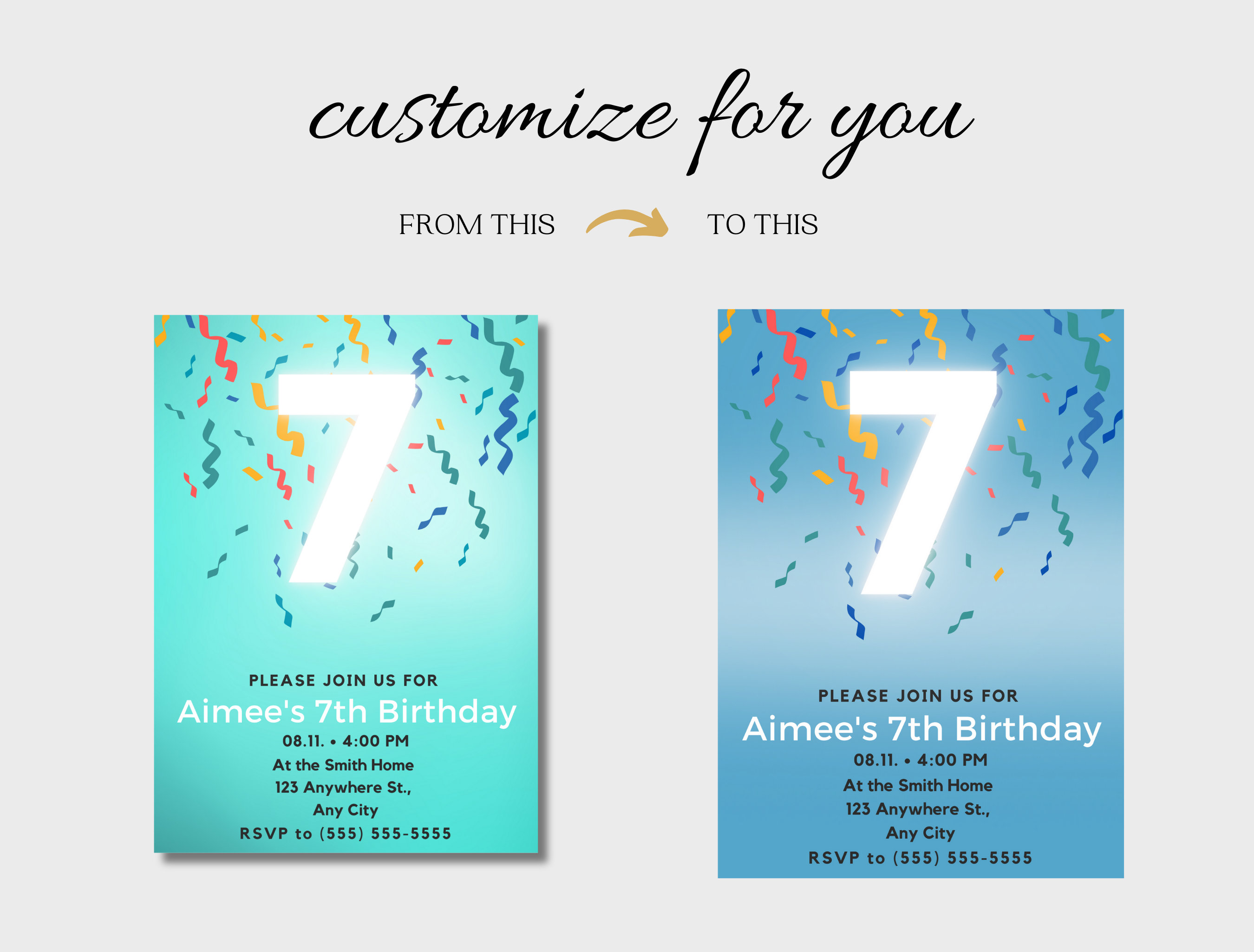 Editable Teal Confetti Party Invitation for 7th Birthday 7 - Etsy