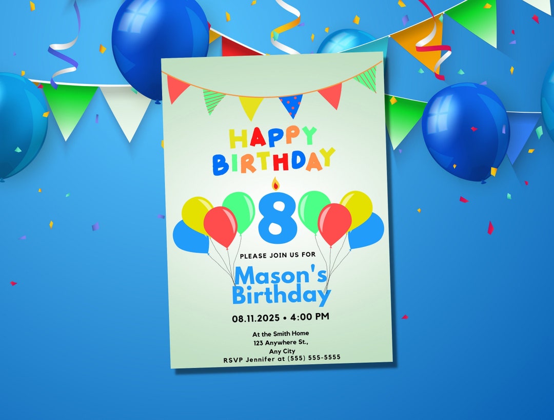 Editable Balloon Party Invitation for 8th Birthday 8 Year Old - Etsy