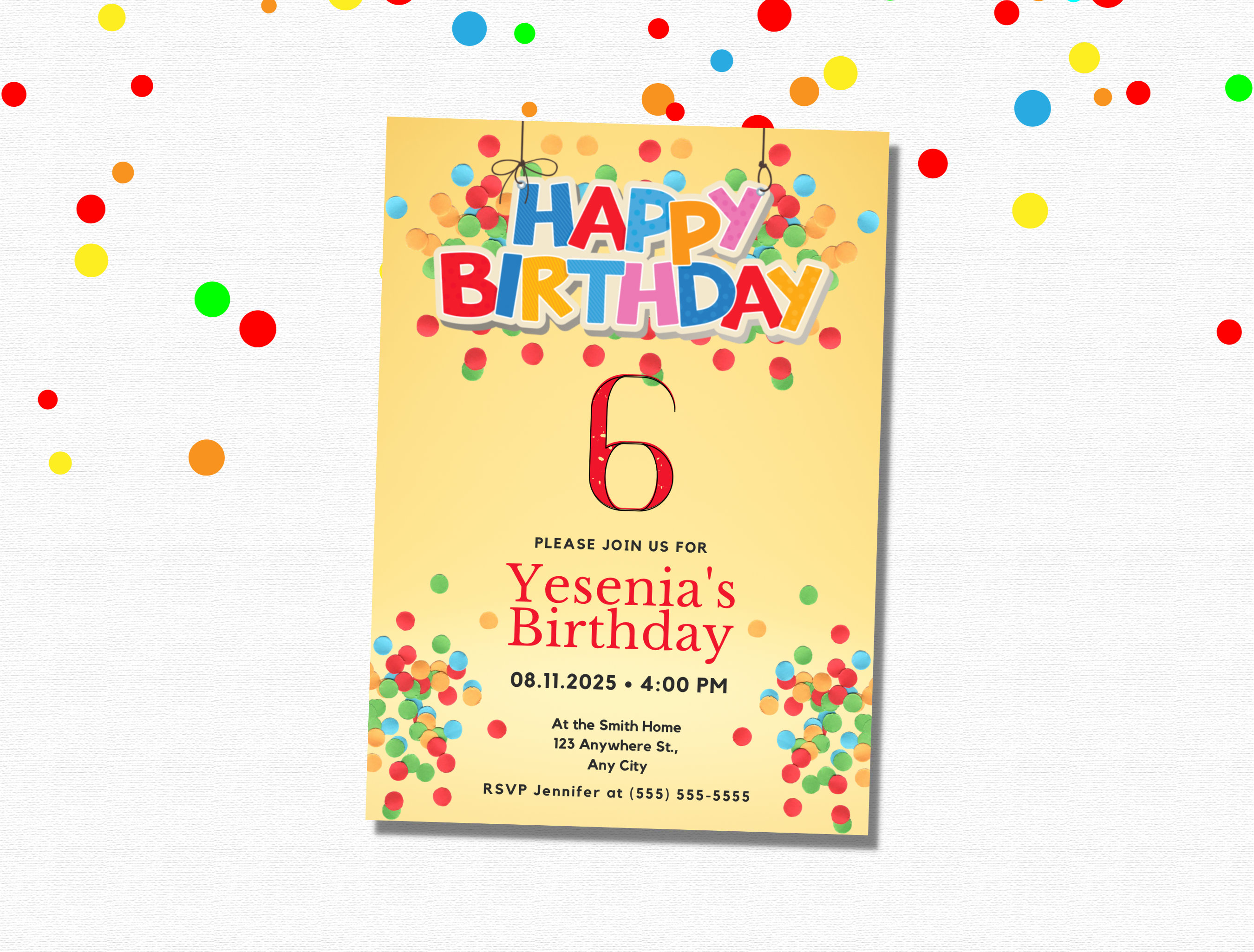 Editable Confetti Invitation for 6th Birthday, 6 Year Old Birthday ...