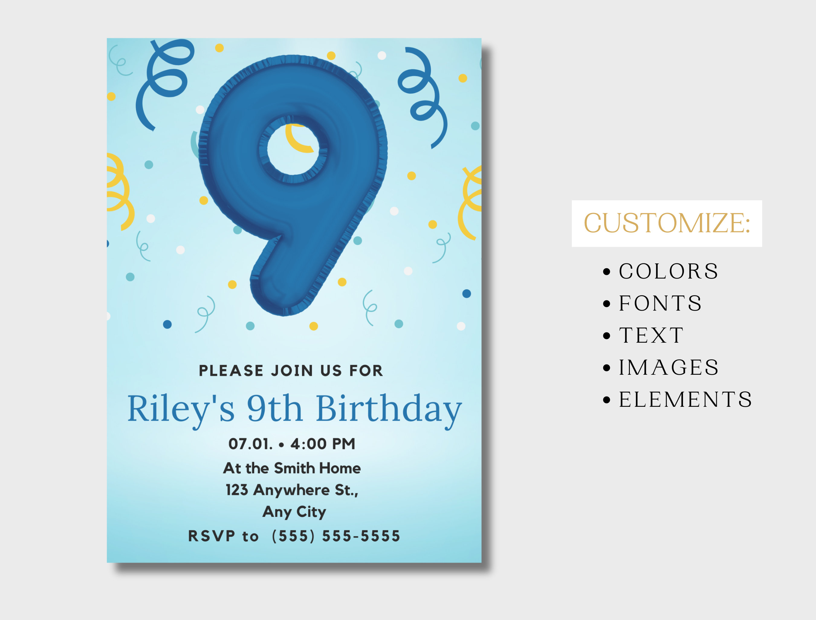 Editable Blue Streamers Party Invitation for 9th Birthday, 9 Year Old ...