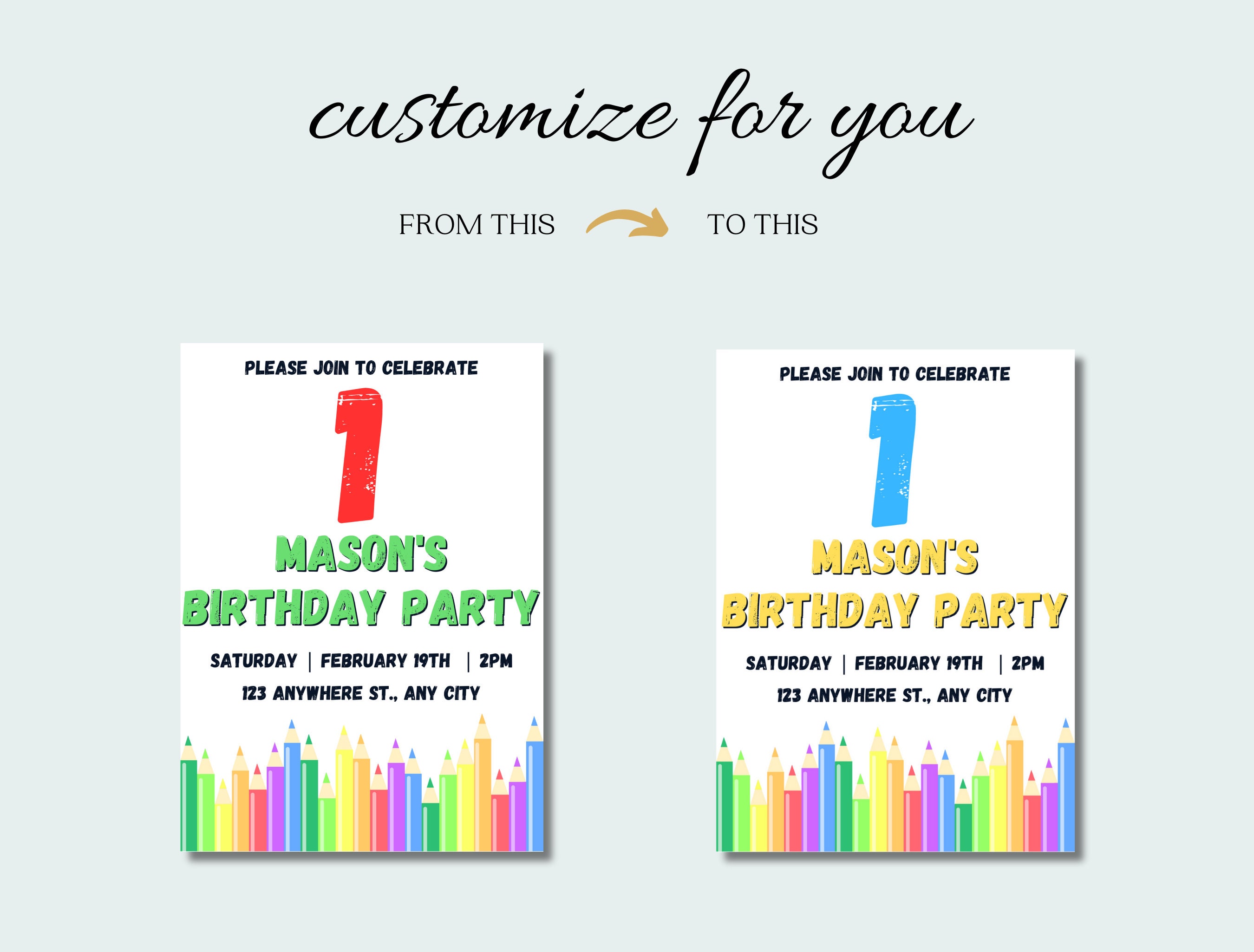 Editable Colored Pencil Invitation for 1st Birthday, 1 Year Old ...
