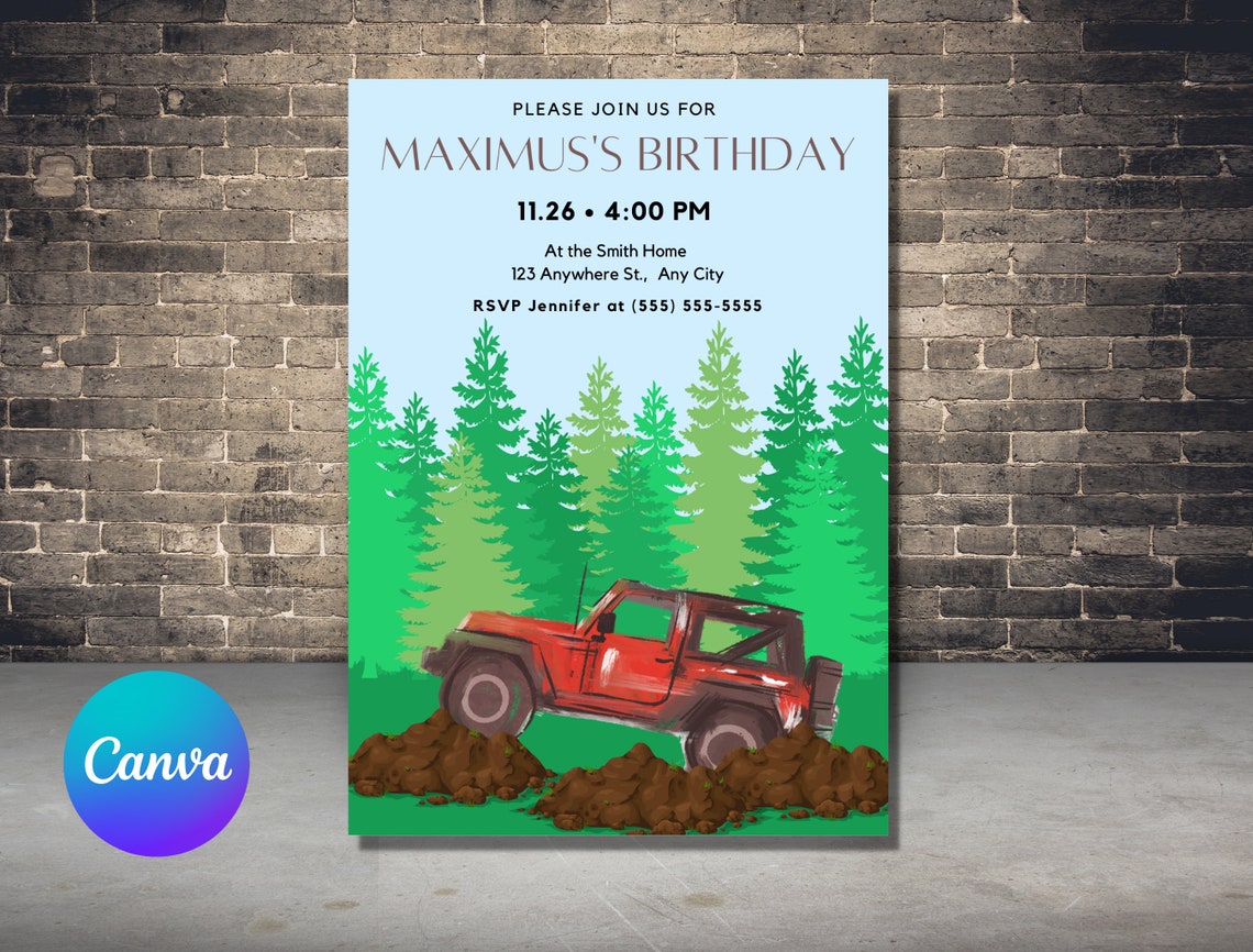 Off Road Invitation, Invitations for Boys Birthday, Invitations for ...