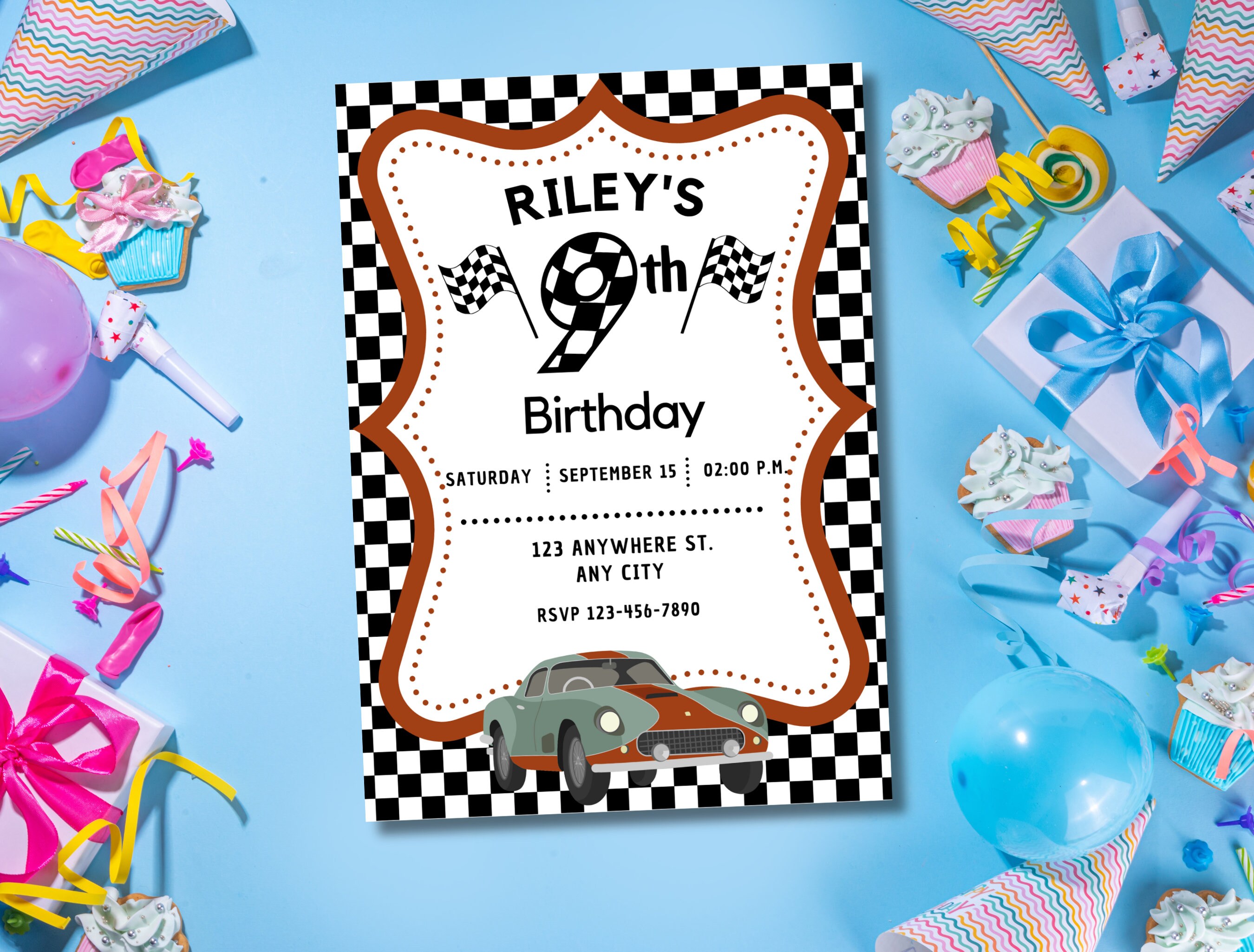 Editable Race Car Party Invitation for 9th Birthday 9 Year - Etsy