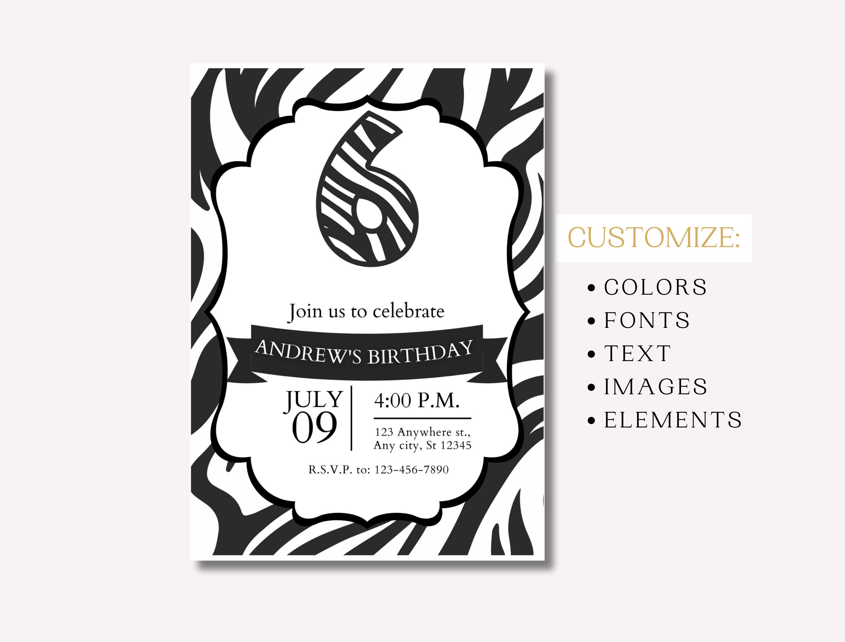 Zebra Themed Party Invitation for 6th Birthday, 6 Year Old Birthday ...