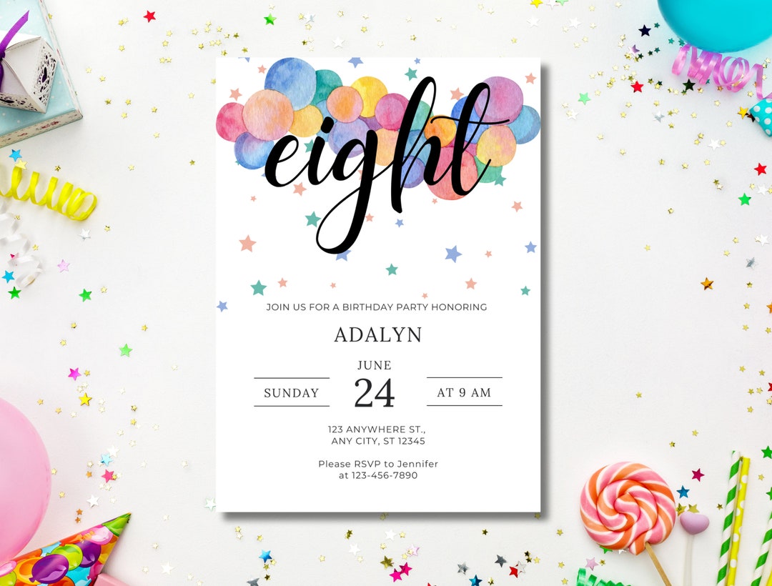 Editable Balloon Party Invitation for 8th Birthday 8 Year Old - Etsy