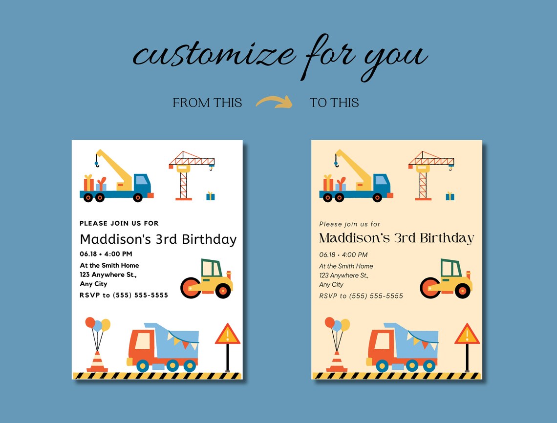 Editable Party Printable Invite, Construction Theme Birthday ...