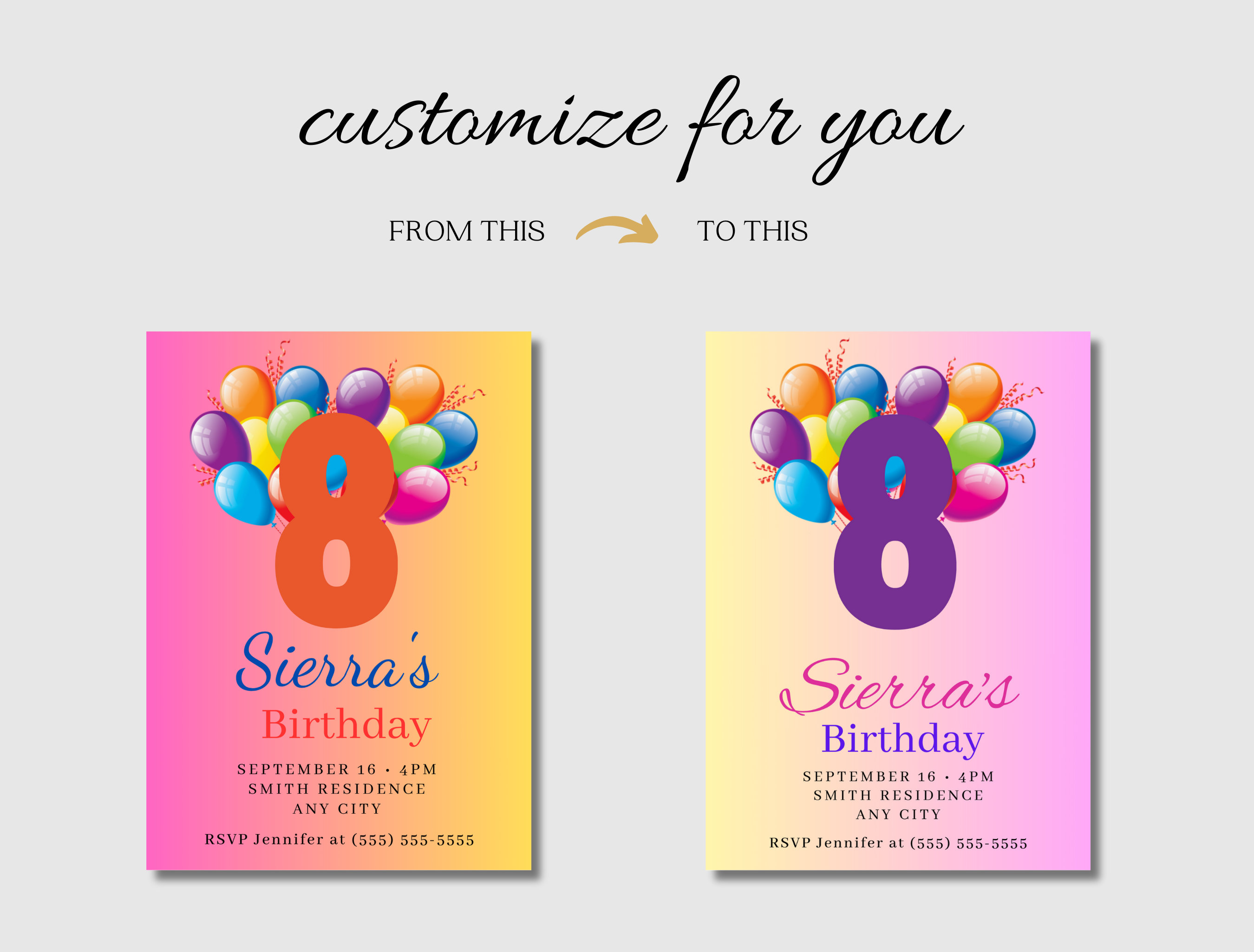 Editable Balloon Party Invitation for 8th Birthday, 8 Year Old Birthday ...