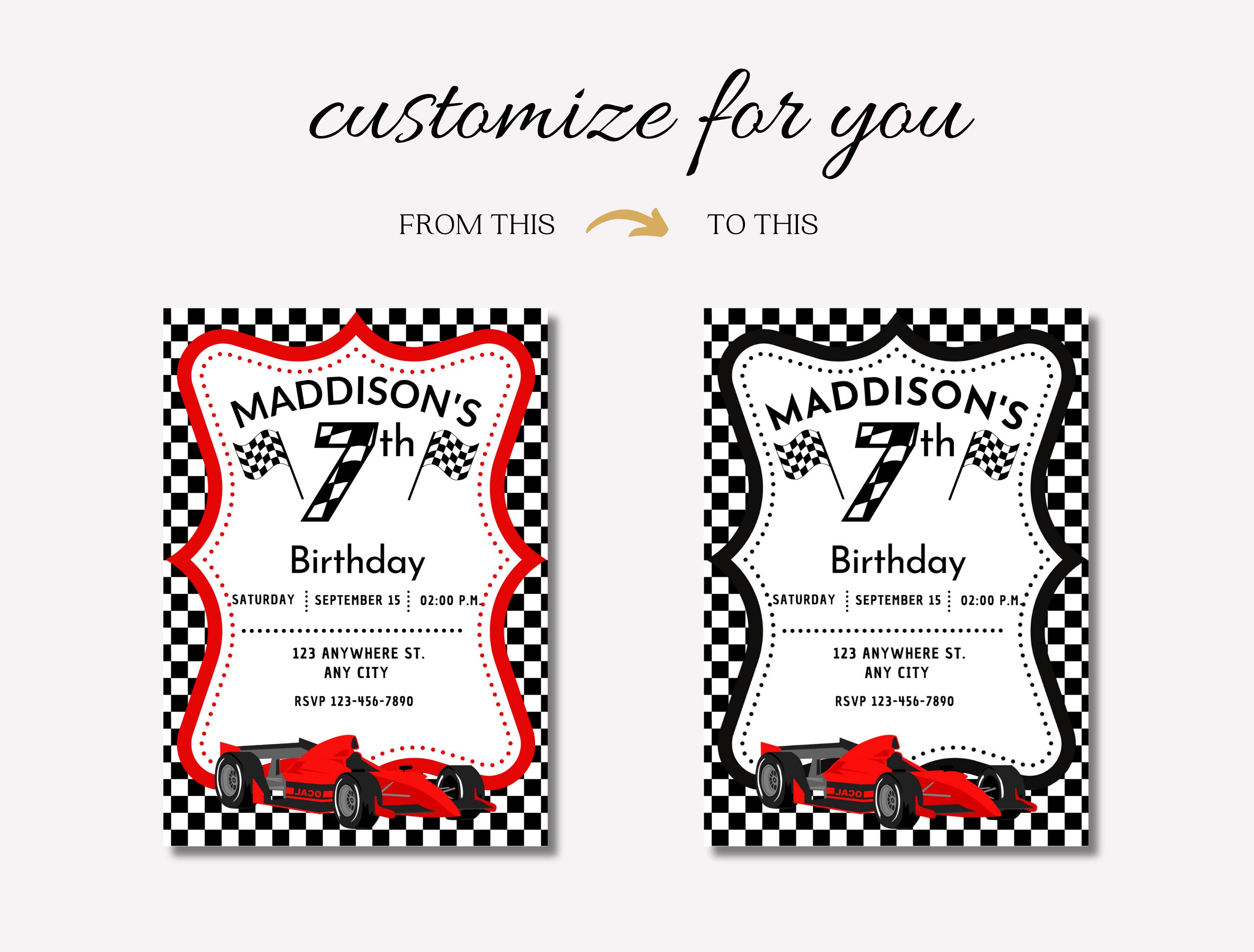 Editable Race Car Party Invitation for 7th Birthday, 7 Year Old ...