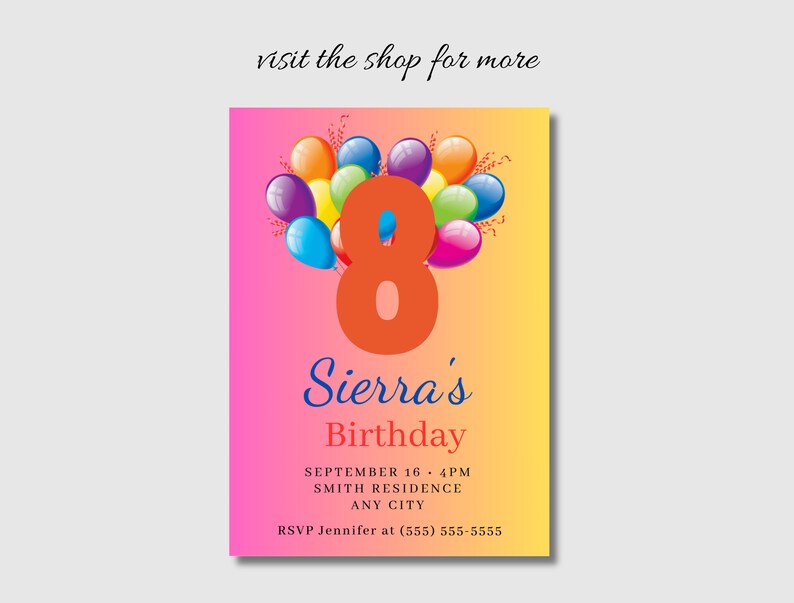 Editable Balloon Party Invitation for 8th Birthday, 8 Year Old Birthday ...