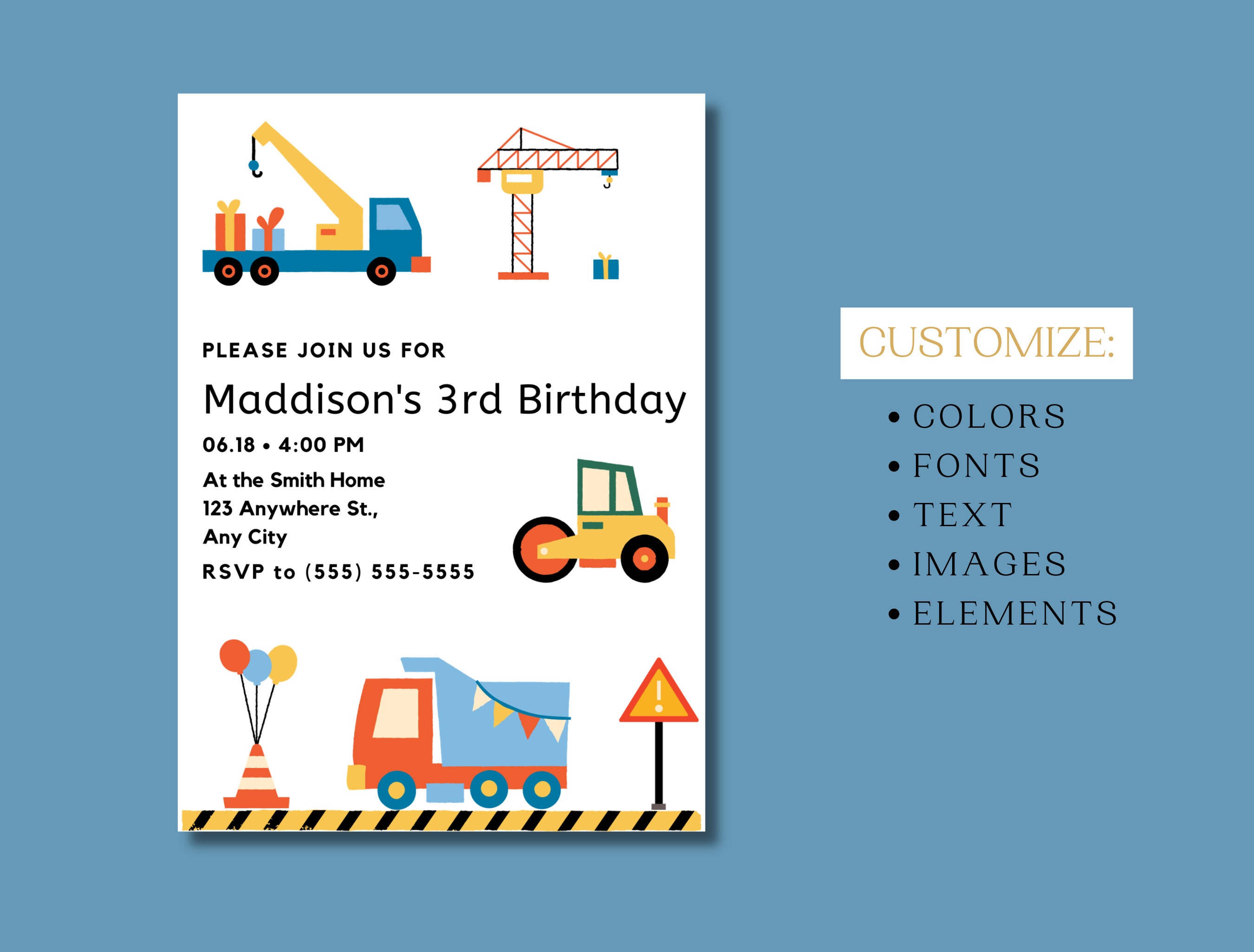 Editable Party Printable Invite, Construction Theme Birthday ...