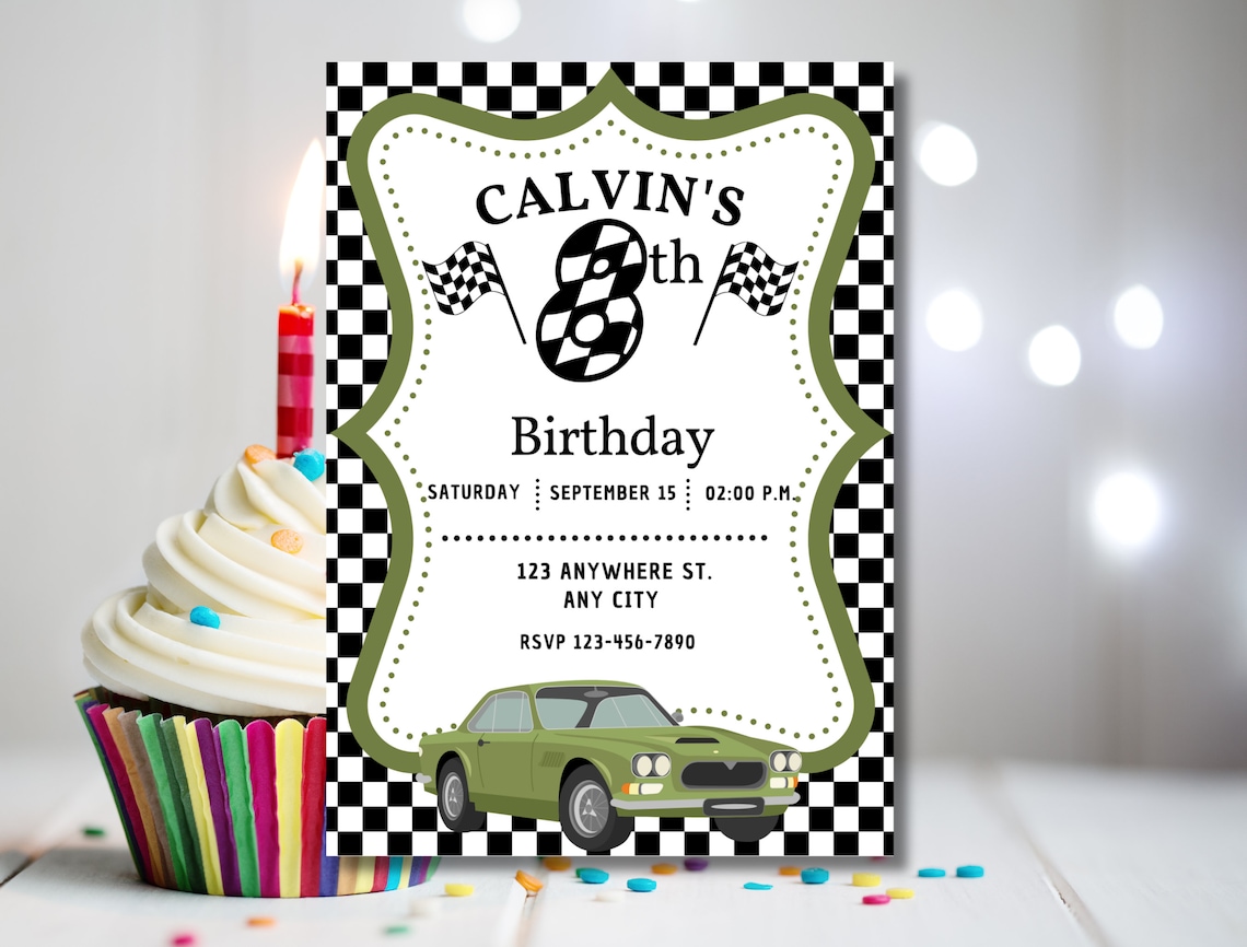 Editable Race Car Party Invitation for 8th Birthday, 8 Year Old ...