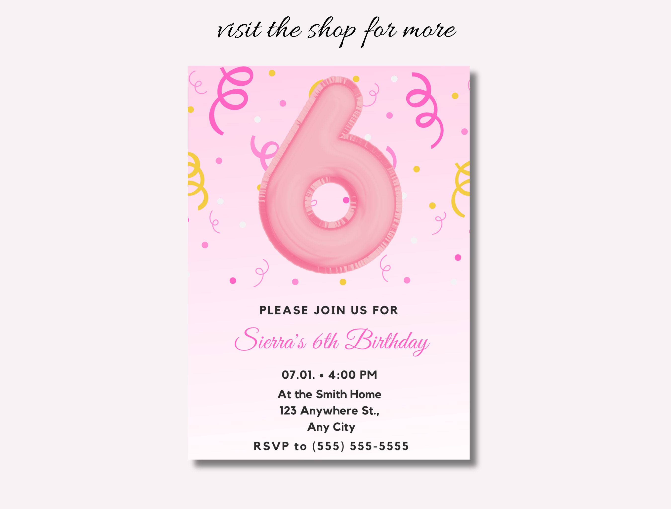 Editable Party Invitation for 6th Birthday, 6 Year Old Birthday Invite ...