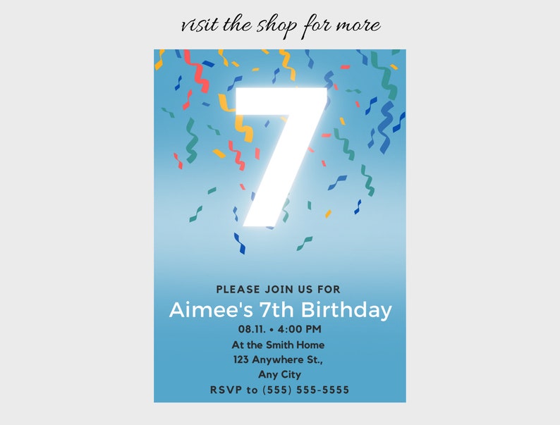 Editable Blue Confetti Party Invitation for 7th Birthday 7 - Etsy