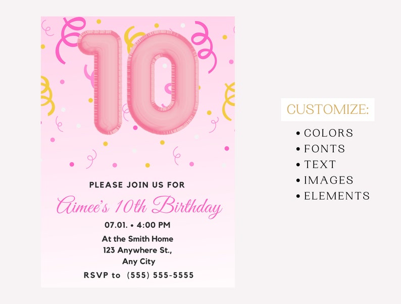 Editable Pink Streamers Party Invitation for 10th Birthday 10 - Etsy