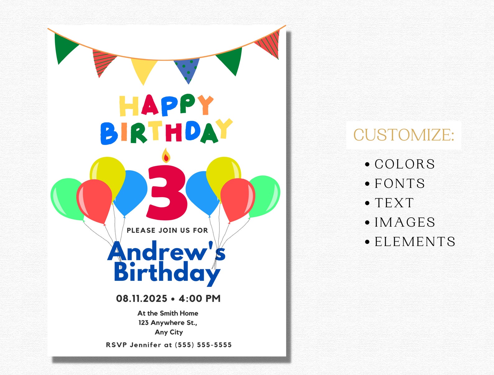 Editable Balloon Party Invitation for 3rd Birthday, 3 Year Old Birthday ...