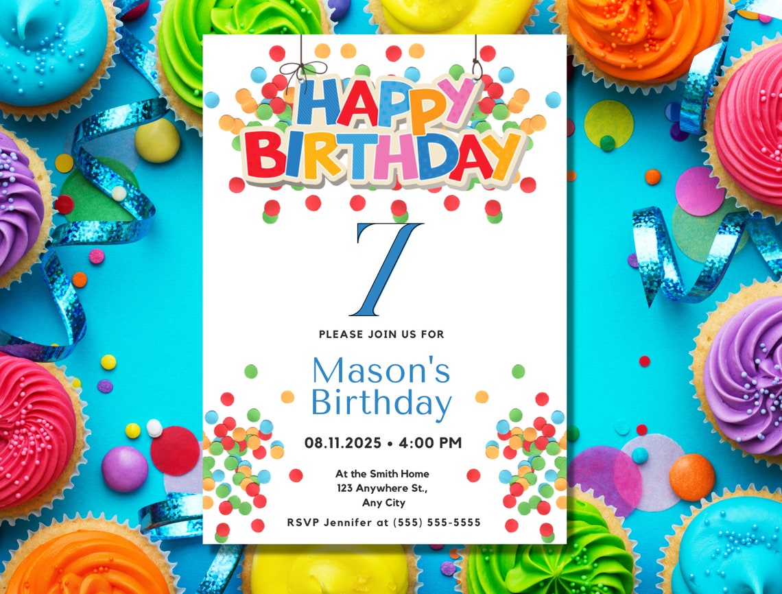Editable Confetti Invitation for 7th Birthday, 7 Year Old Birthday ...