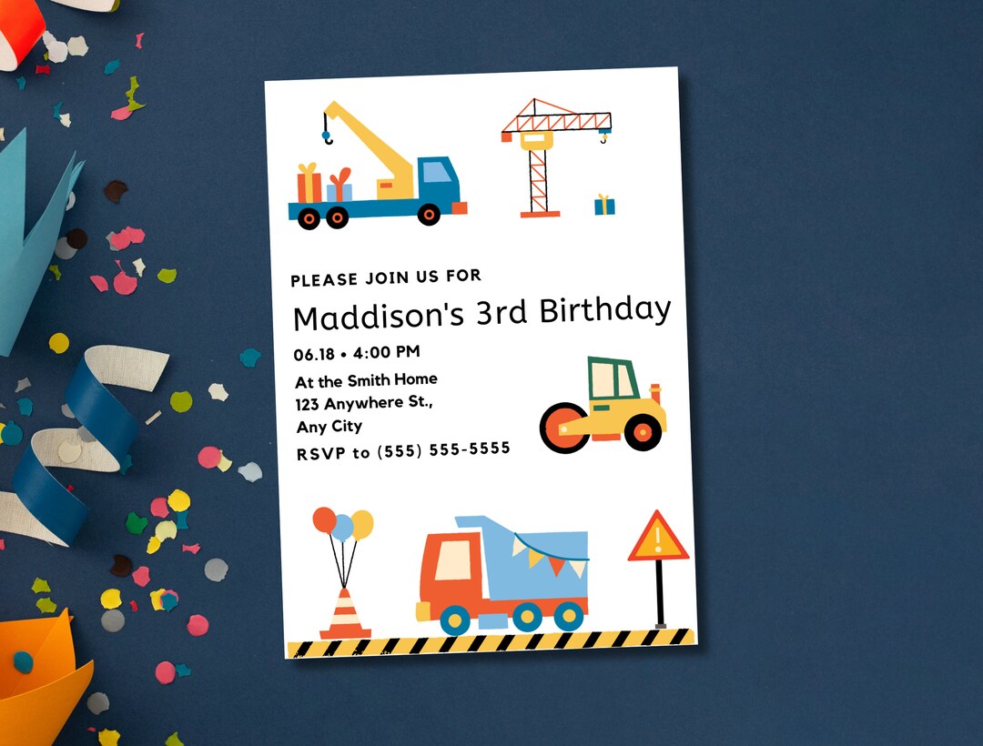 Editable Party Printable Invite, Construction Theme Birthday ...