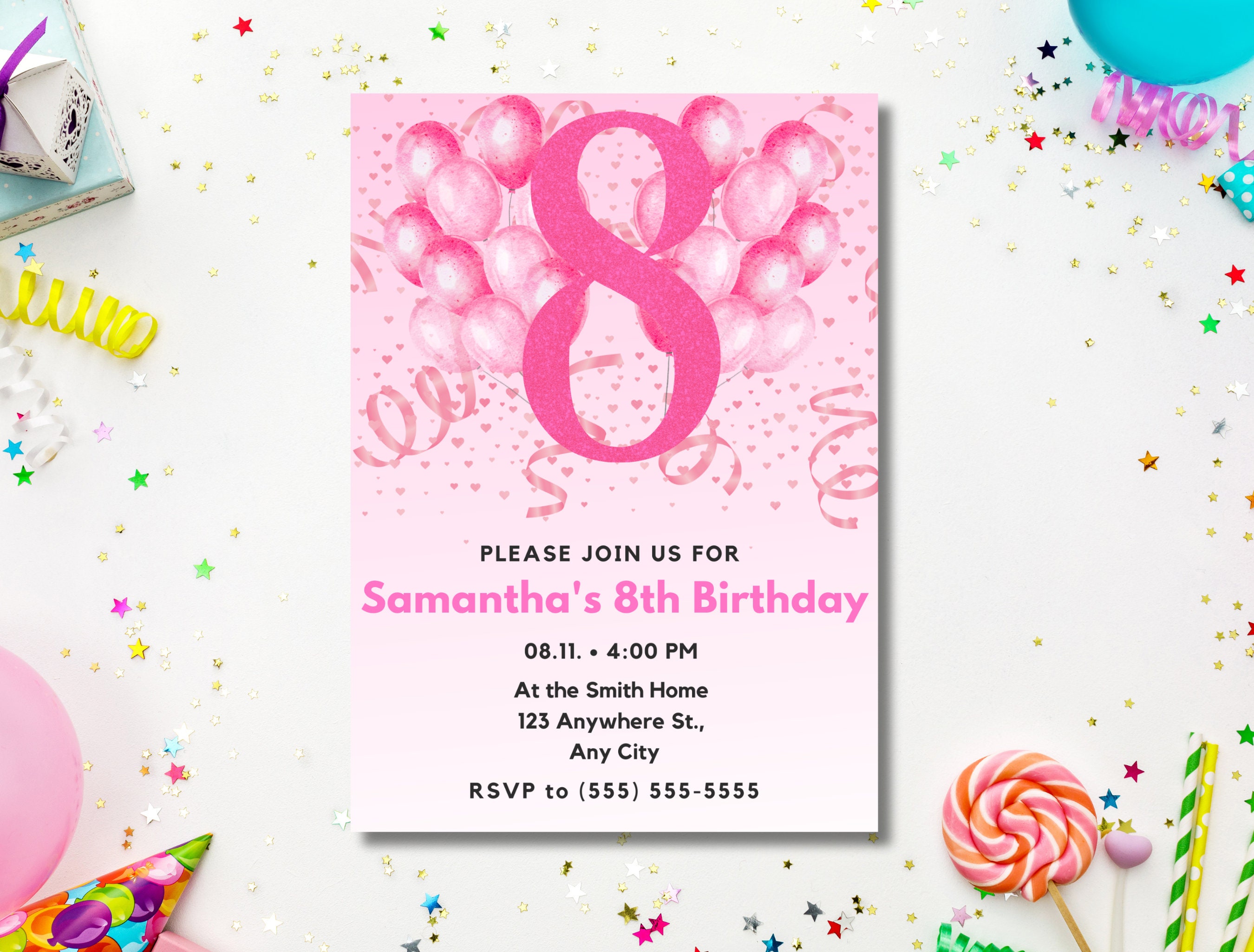 Editable Pink Balloon Party Invitation for 8th Birthday 8 - Etsy
