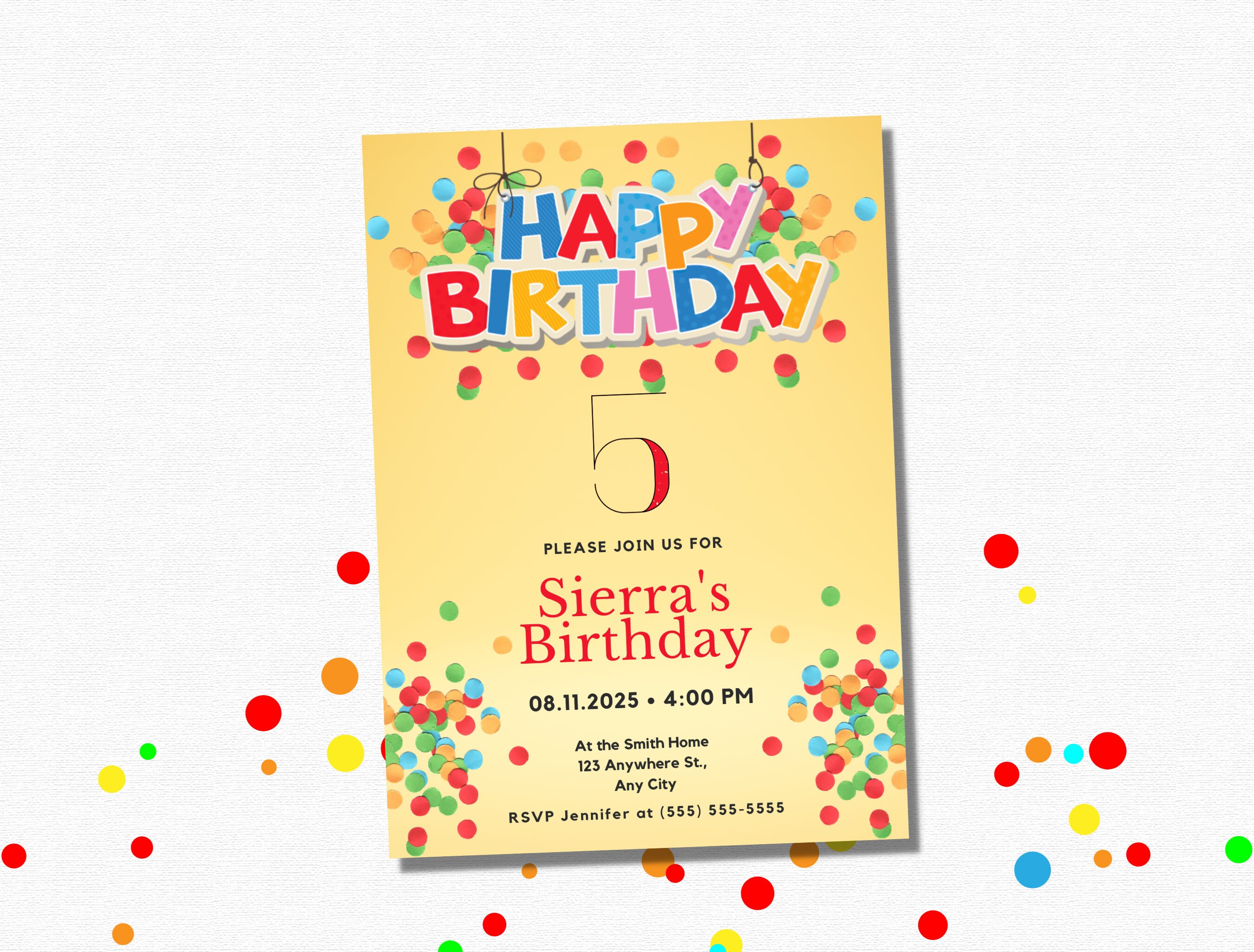 Editable Confetti Invitation for 5th Birthday 5 Year Old - Etsy