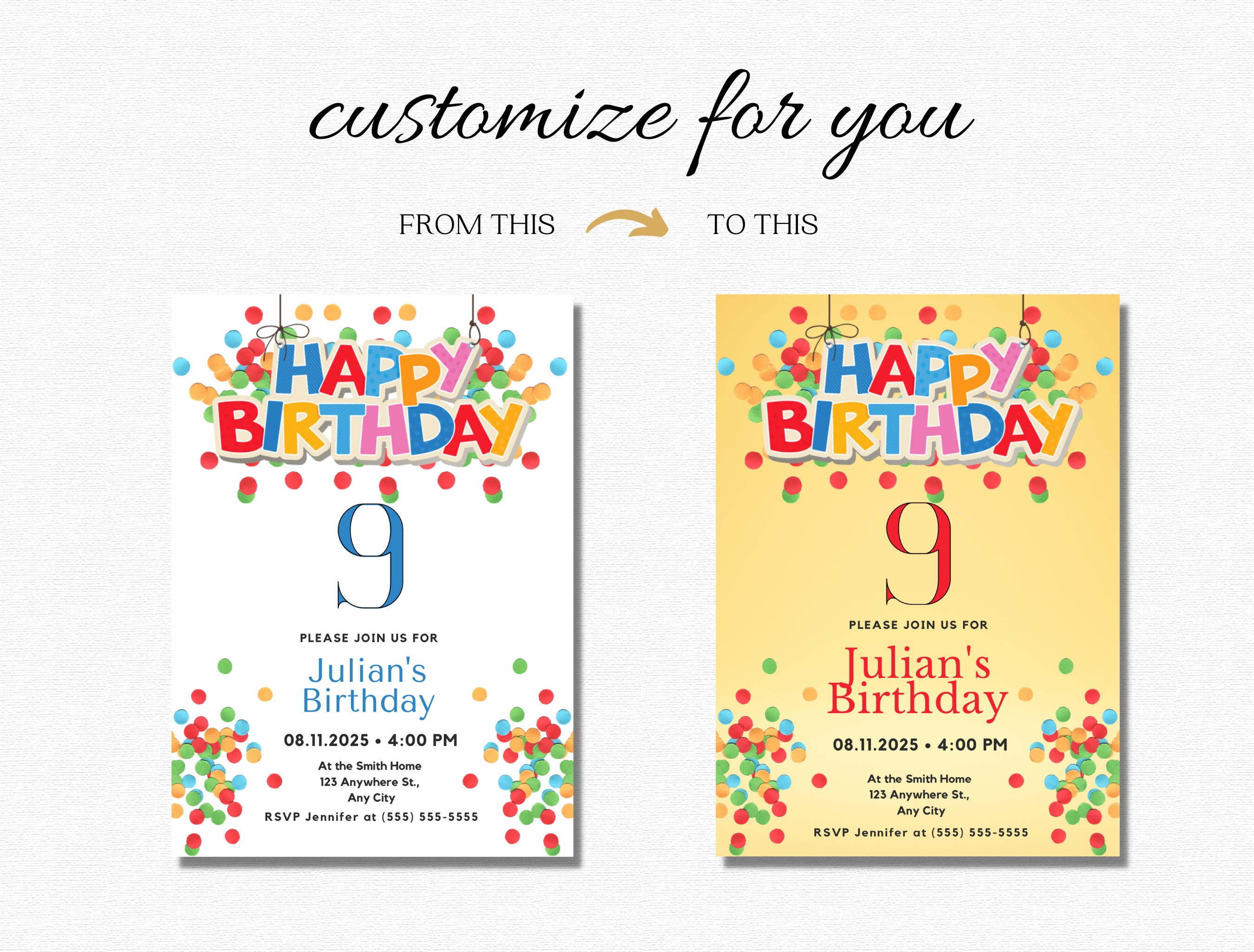 Editable Confetti Invitation for 9th Birthday, 9 Year Old Birthday ...