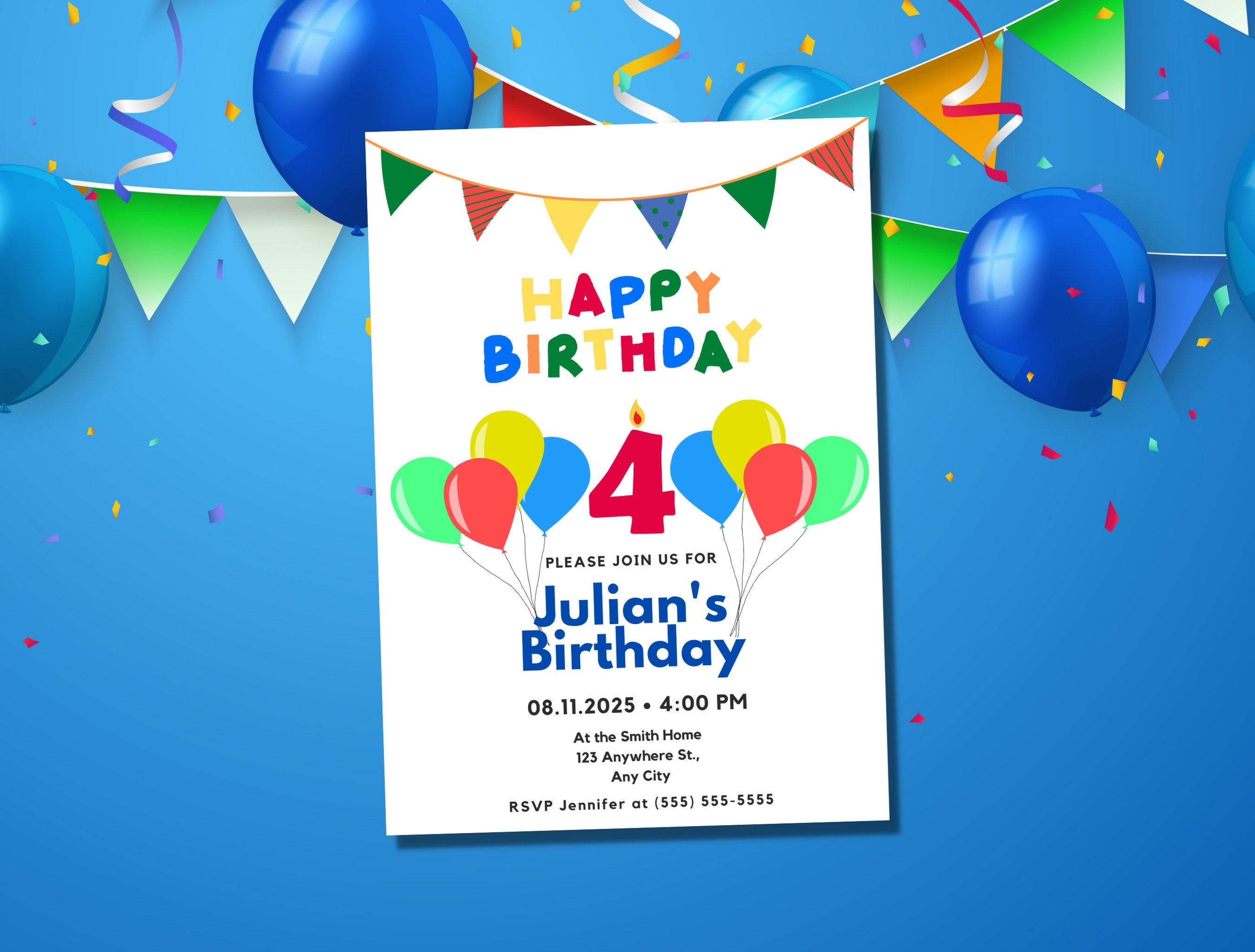 Editable Balloon Party Invitation for 4th Birthday 4 Year Old - Etsy