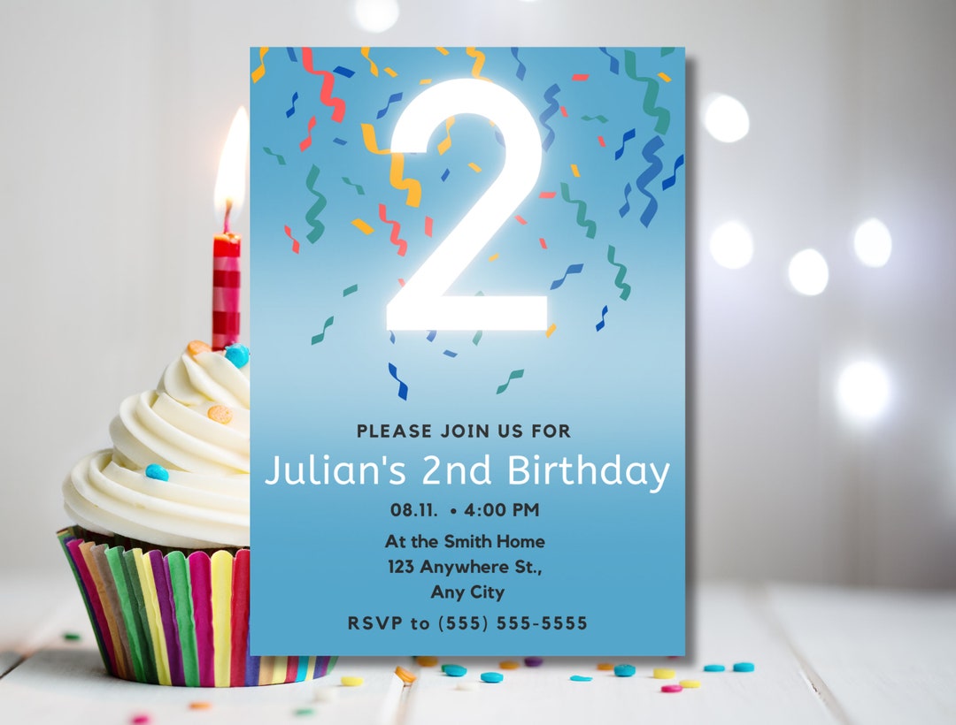 Editable Blue Confetti Party Invitation for 2nd Birthday, 2 Year Old ...