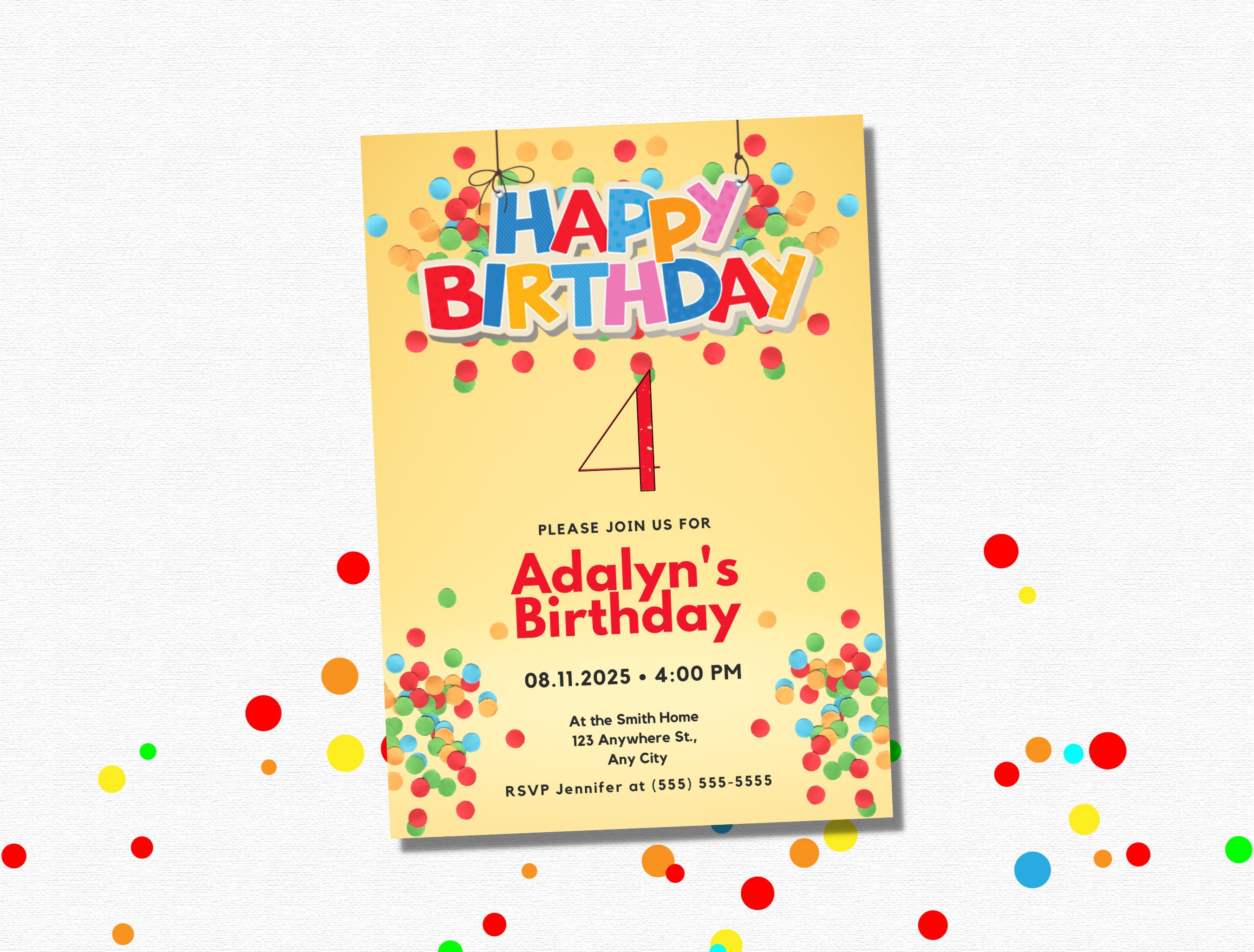 Editable Confetti Invitation for 4th Birthday 4 Year Old - Etsy