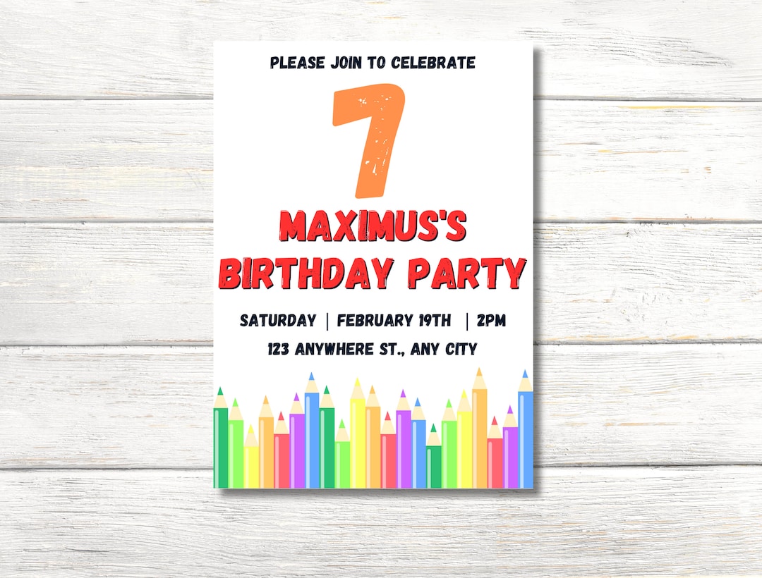Editable Colored Pencil Invitation for 7th Birthday, 7 Year Old ...