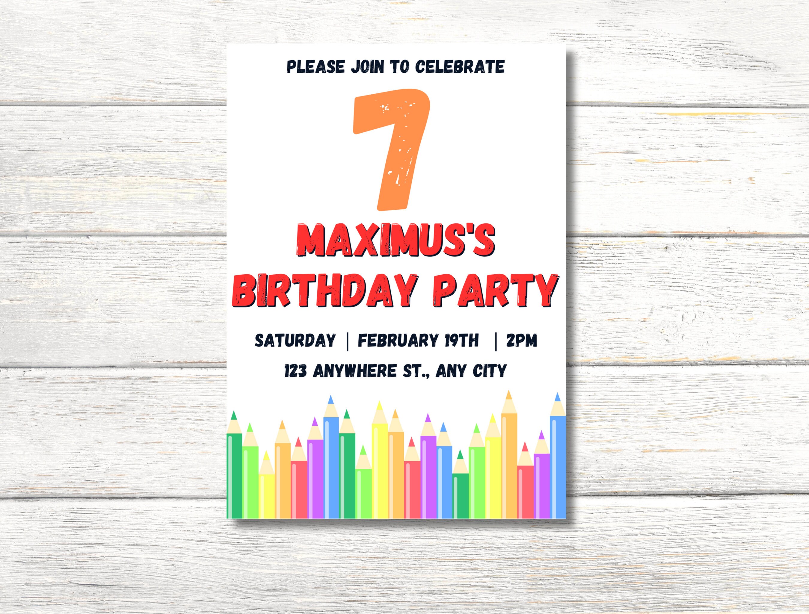 Editable Colored Pencil Invitation for 7th Birthday, 7 Year Old ...