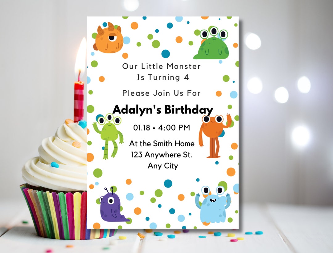 Editable Party Printable Invite, Monster Design Themed Birthday ...