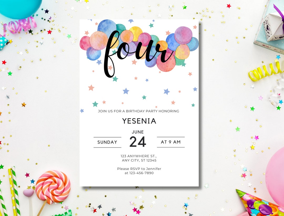 Editable Balloon Party Invitation for 4th Birthday, 4 Year Old Birthday ...